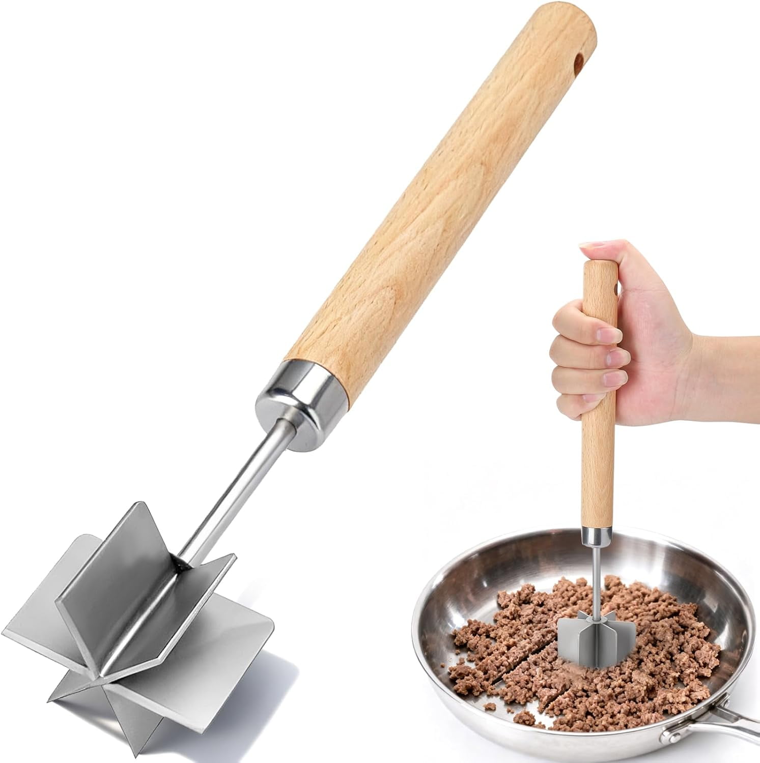 Stainless Steel Meat Chopper & Masher, 6 Curve Blades Meat Masher, 11 ...