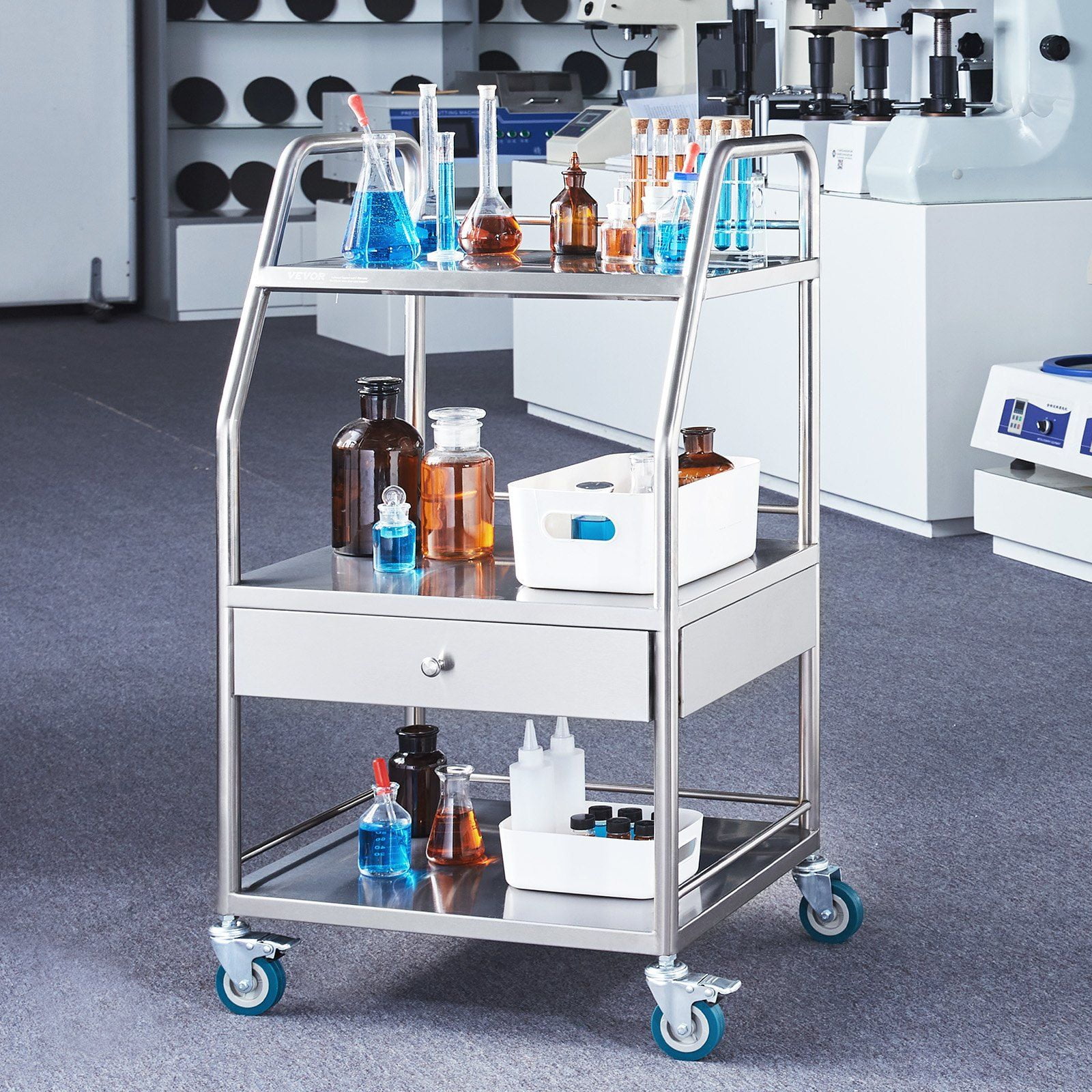 Stainless Steel Medical Cart with Drawer, 3-Shelf Rolling Cart for Labs ...