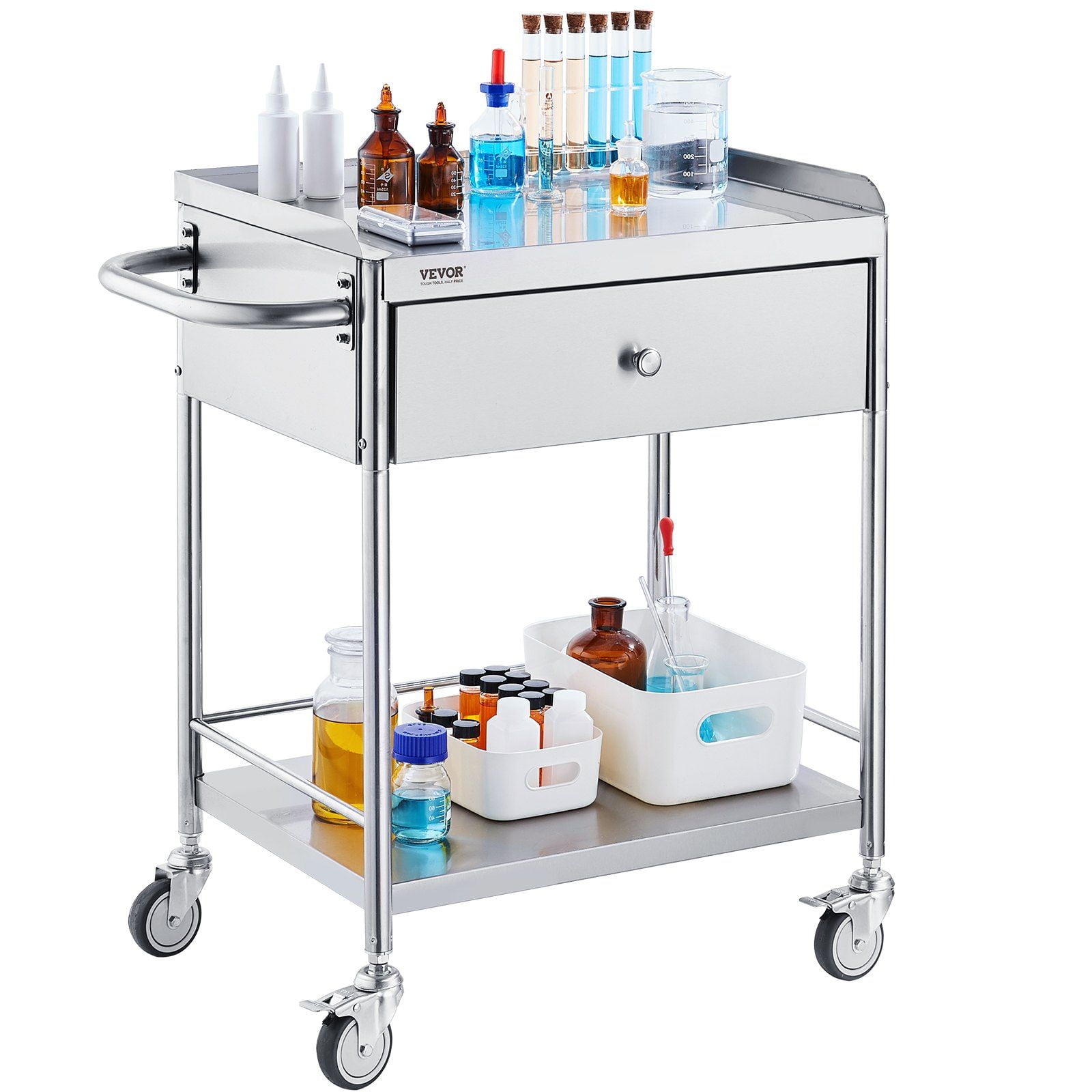 Stainless Steel Medical Cart with Drawer & Wheels, 2-Tier Lab Utility ...