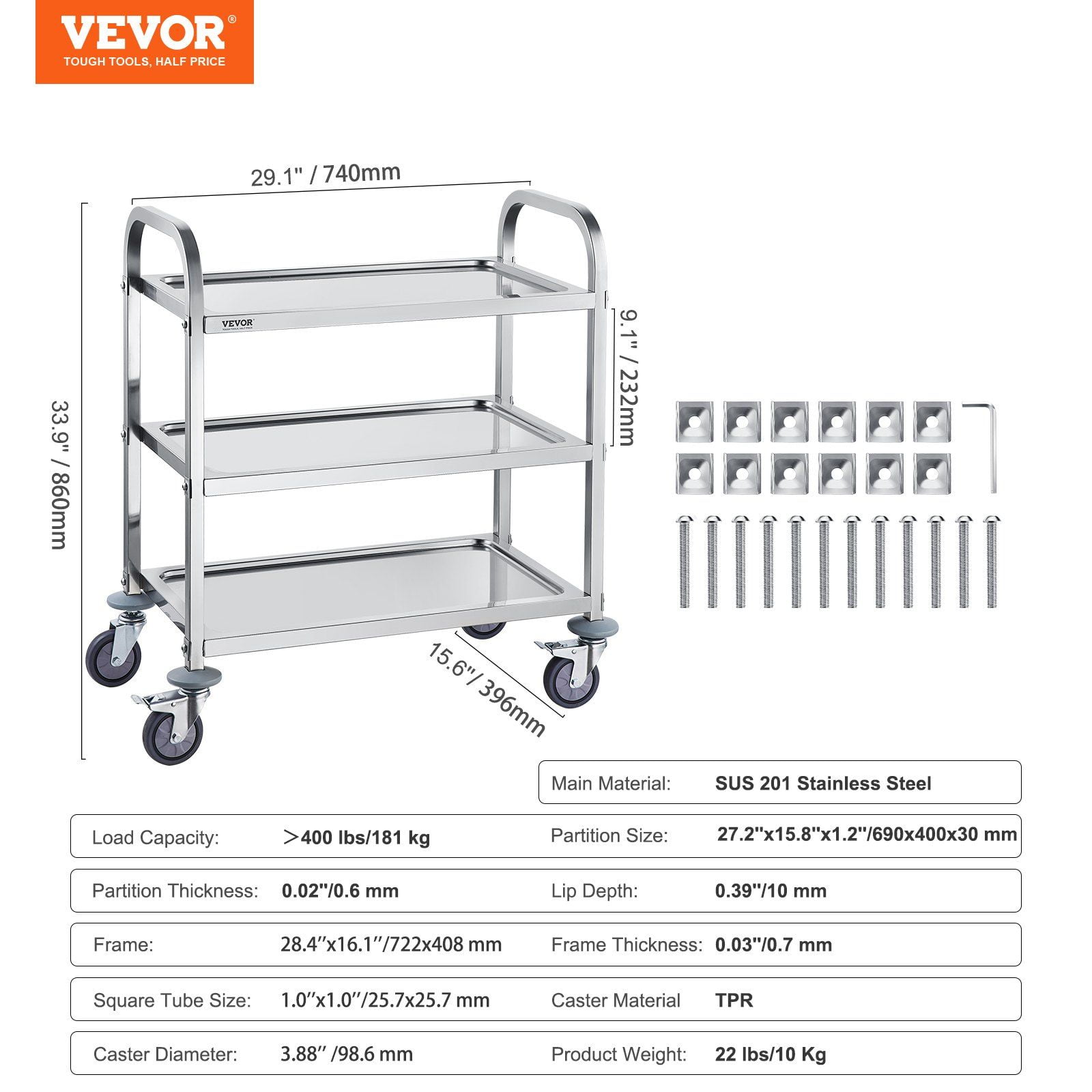Stainless Steel Medical Cart with Lockable Wheels, 3-Shelf Rolling Cart ...