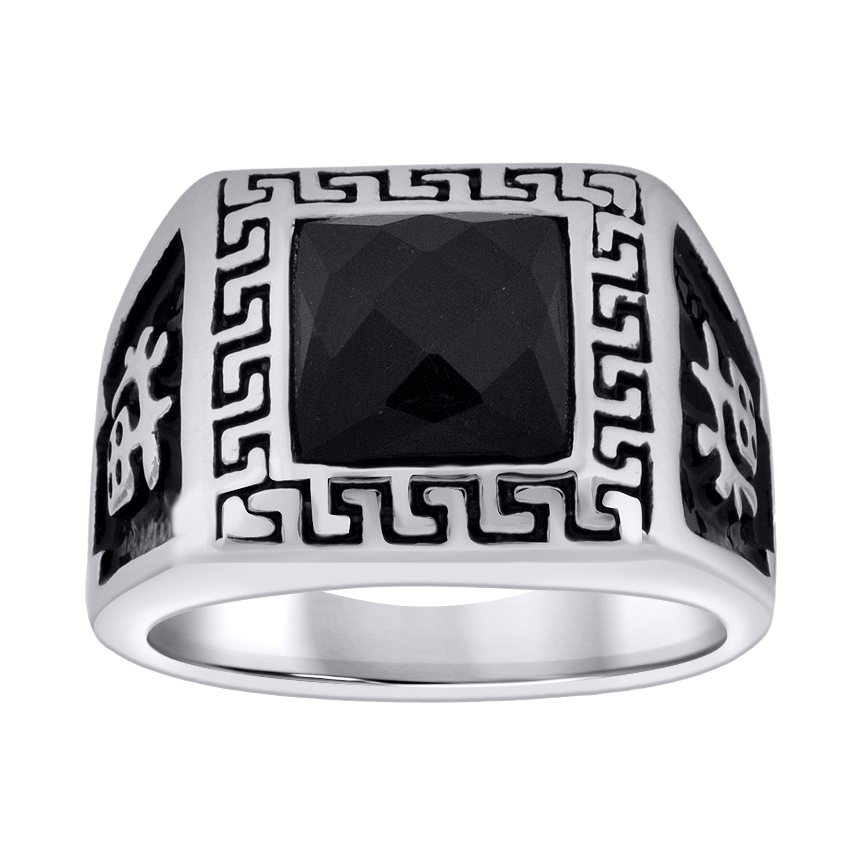 Stainless Steel Mens Square Facet Black Crystal Chinese Style Vintage ...