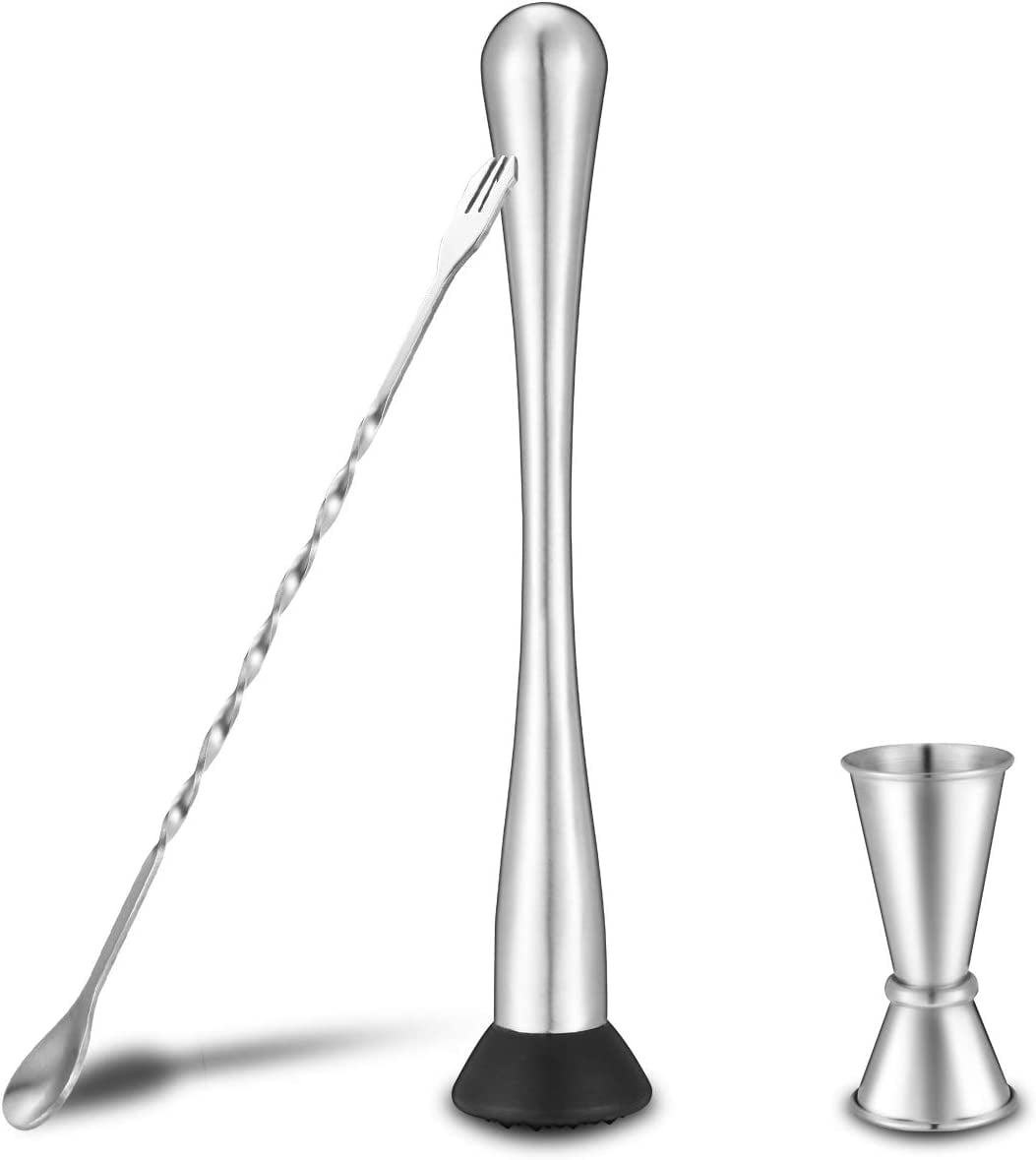 Stainless Steel Muddler for Cocktails,Mixing Spoon and Measuring Jigger ...