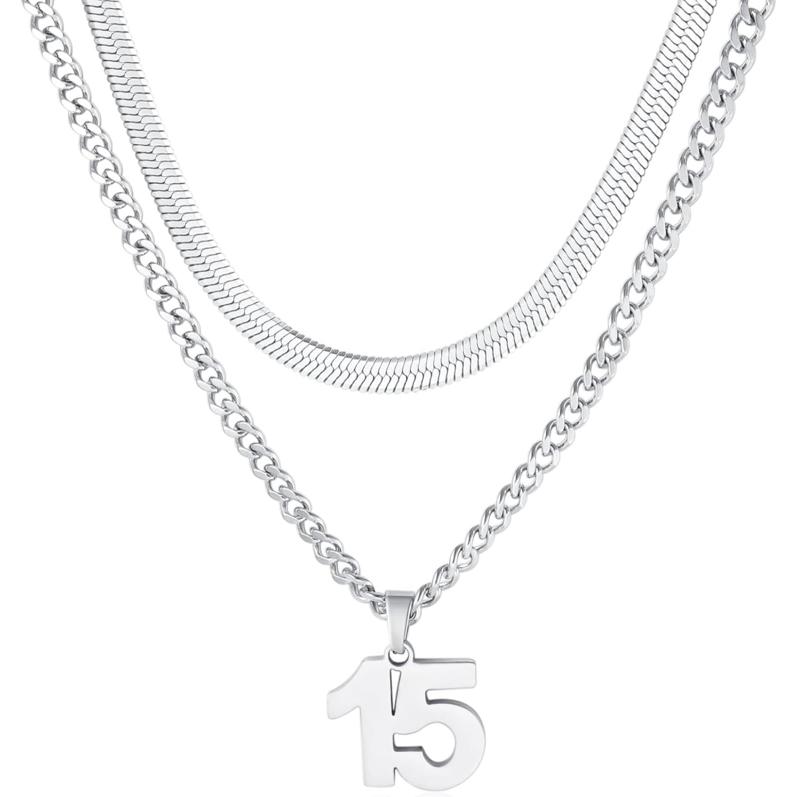 Stainless Steel Number 15 Necklace,Layered Necklace for Men,18+20 In ...