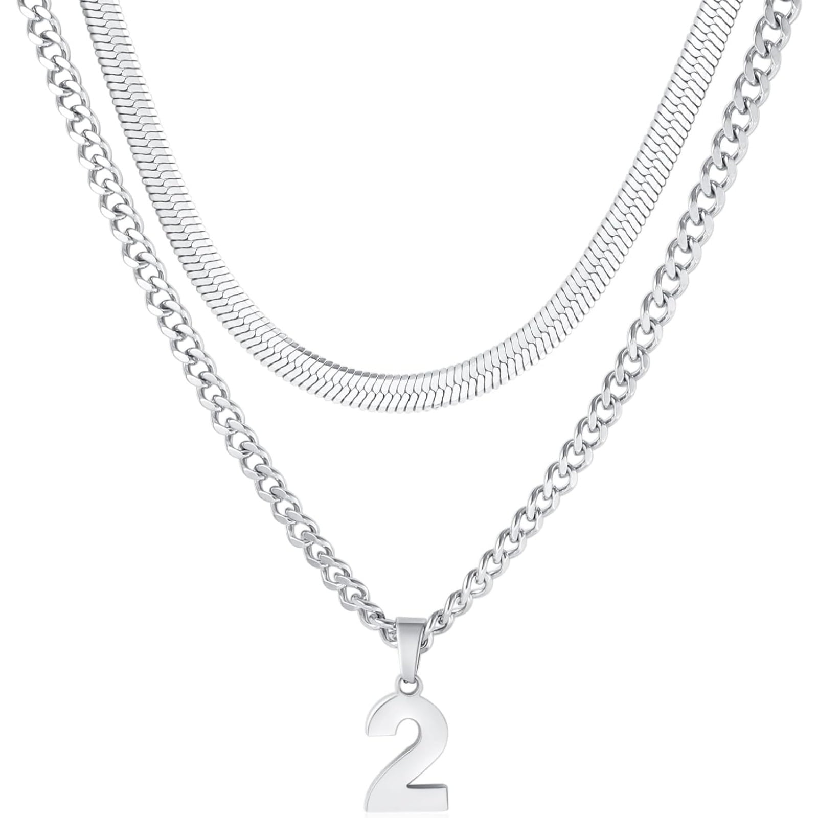 Stainless Steel Number 2 Necklace,Layered Necklace for Men,18+20 In ...