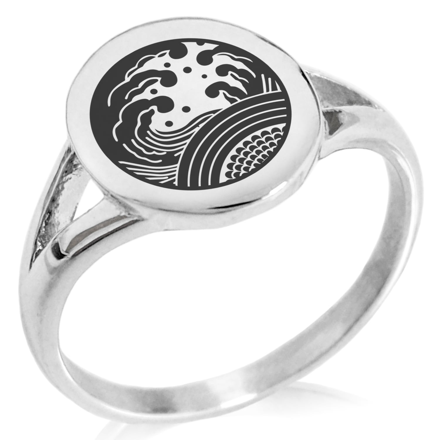 Stainless Steel Ocean Kamon Crest Minimalist Oval Top Polished ...