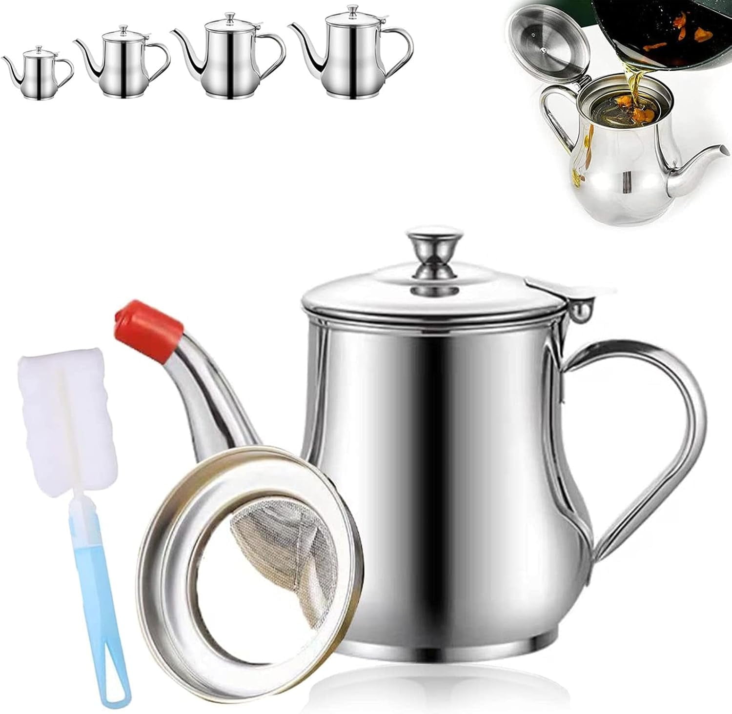 Stainless Steel Oil Filter Pot, Bacon Grease Container with Strainer ...