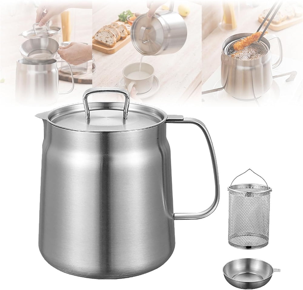 Stainless Steel Oil Filter Pot with Strainer and Lid,Multi-Functional ...