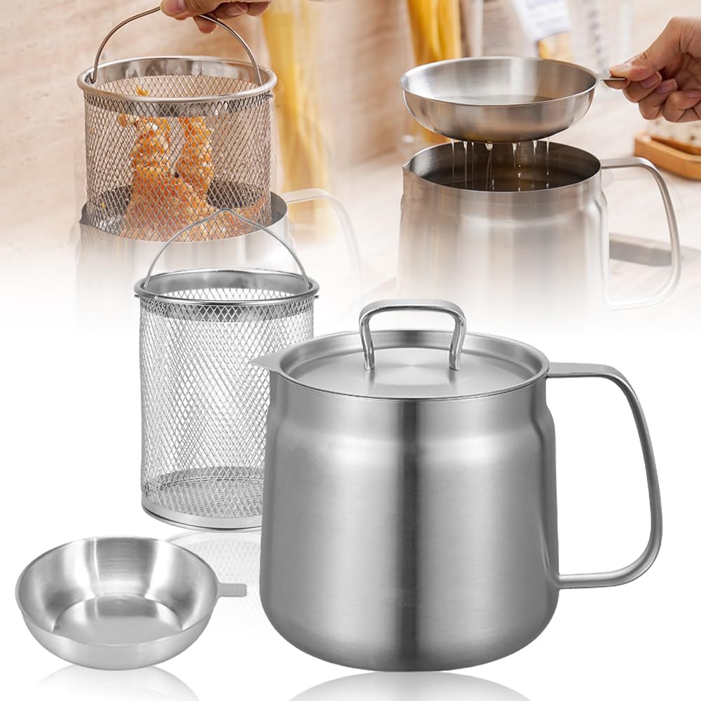 Stainless Steel Oil Filter Pot, Oil Strainer Pot w Lid & Frying Basket ...