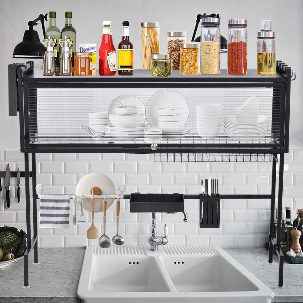 Stainless Steel Over-Sink Dish Drying Rack with Cover - Space-Saving Kitchen Counter Organizer ...