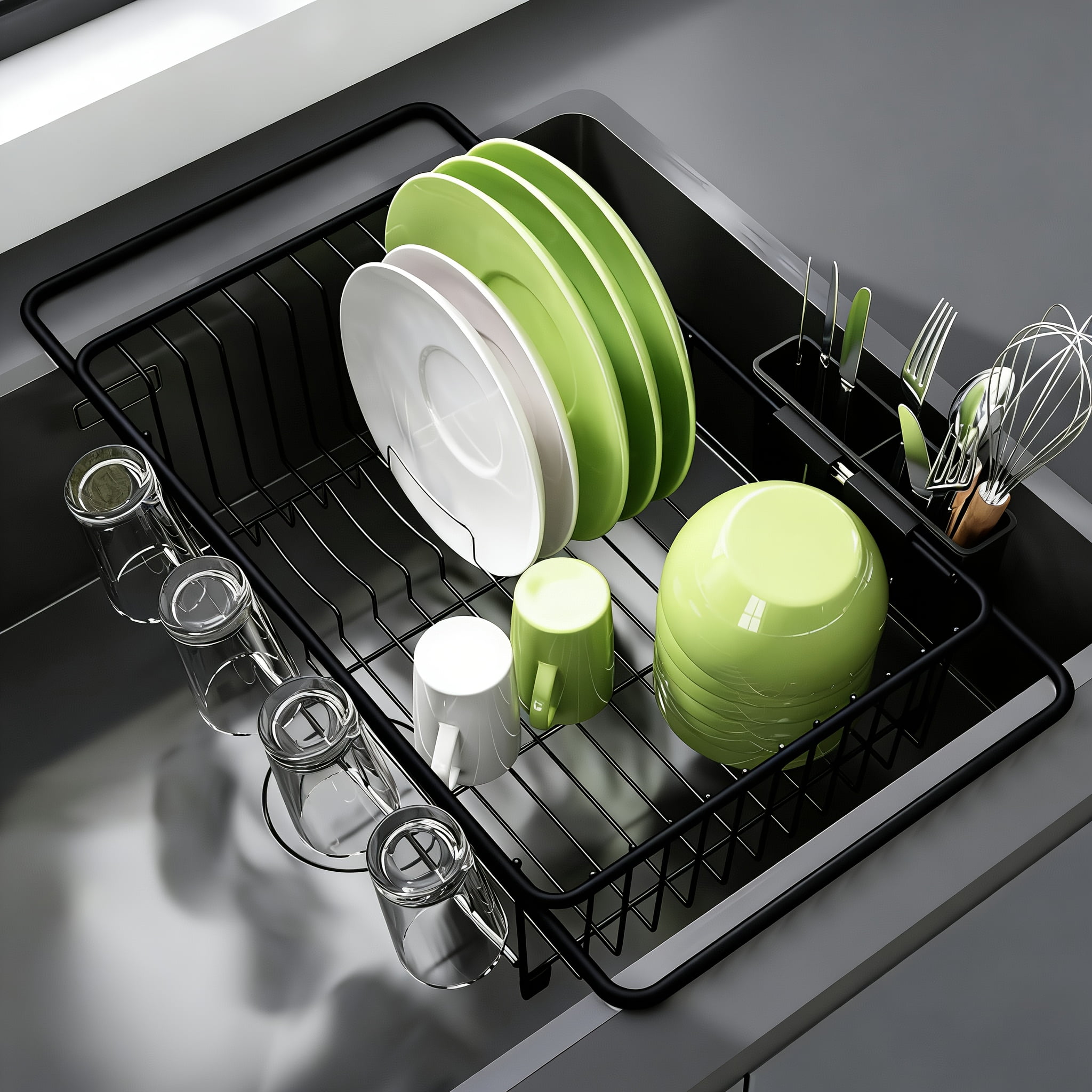 Stainless Steel Over The Sink Dish Drying Rack and Expandable Colander ...