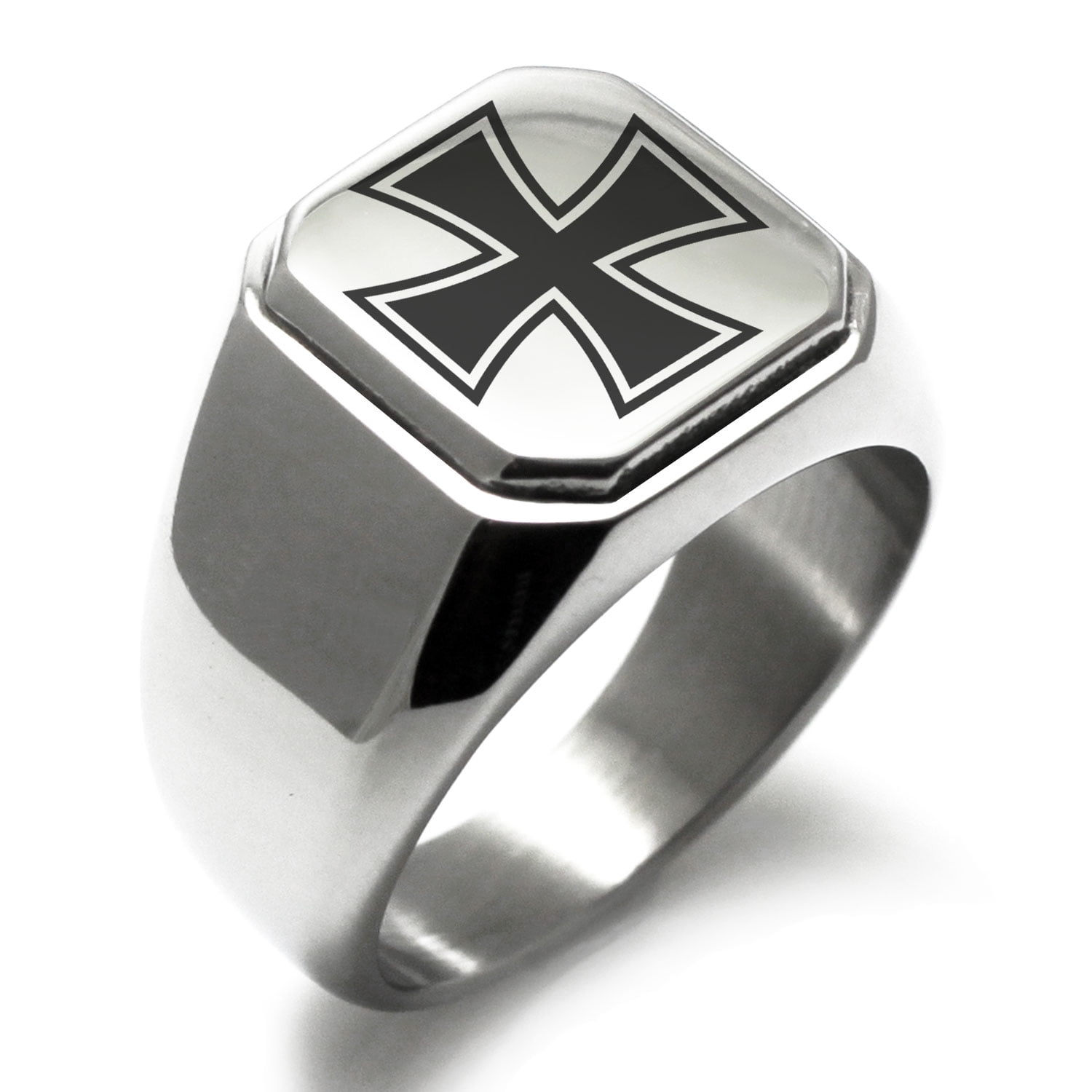 Stainless Steel Pattee Iron Cross Engraved Square Flat Top Biker Style ...