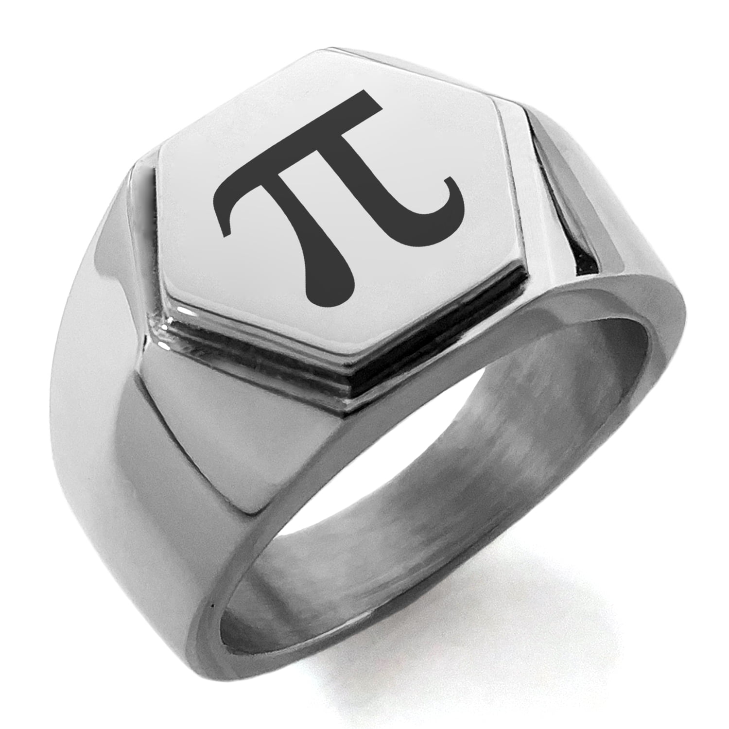 Stainless Steel Pi Mathematical Engraved Hexagon Crest Flat Top Biker ...
