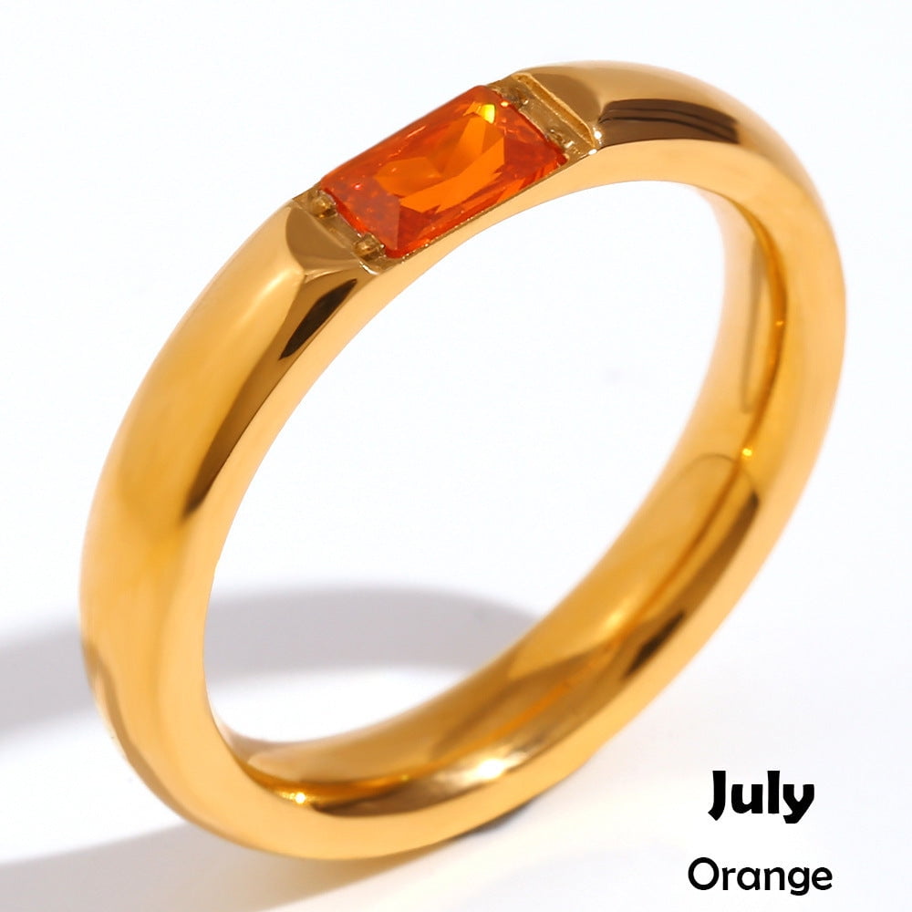 Stainless Steel Plated 18K Gold Rectangular Zircon Birthstone Ring for ...