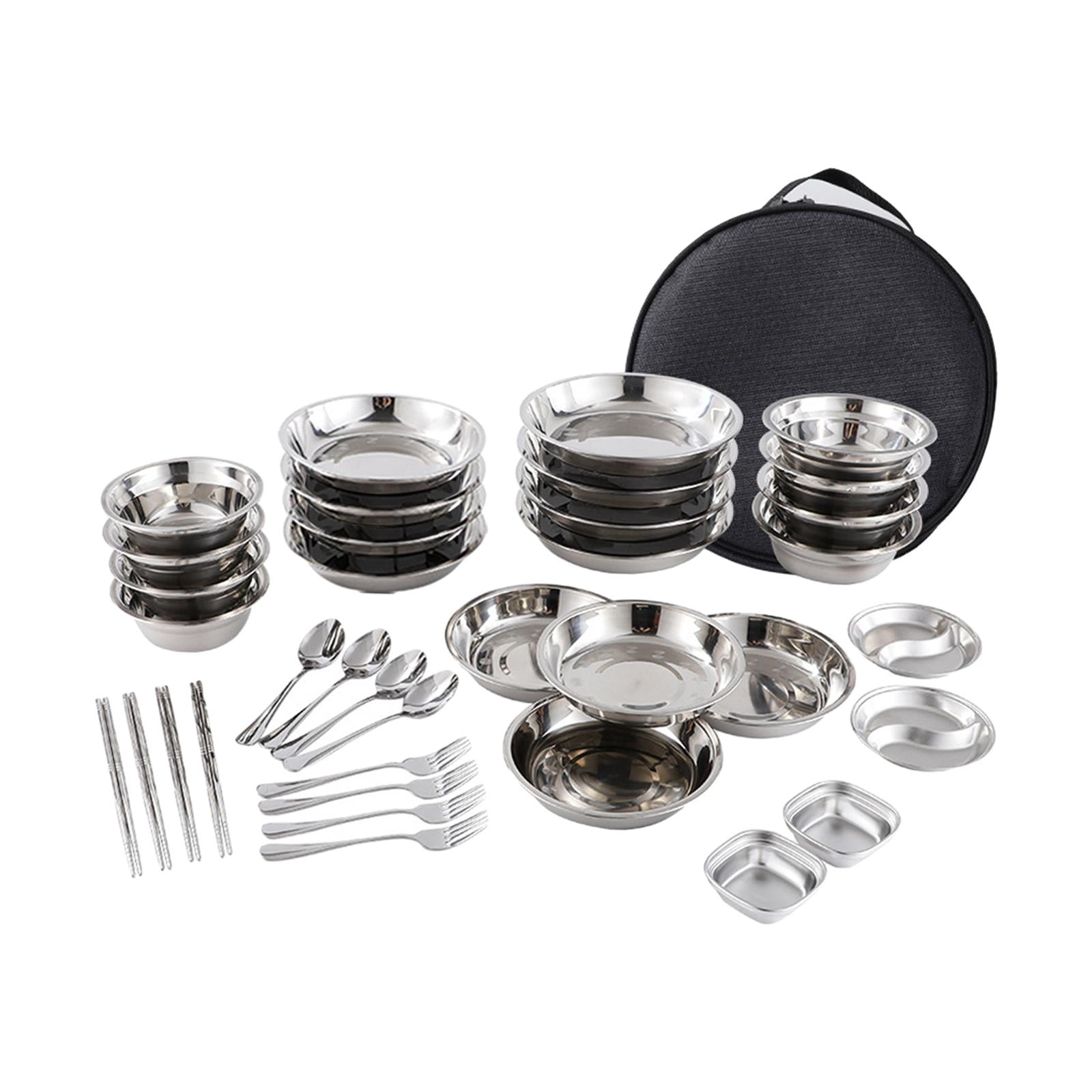 Stainless Steel Plates and Bowls Camping Cutlery Set Dishes Tableware ...