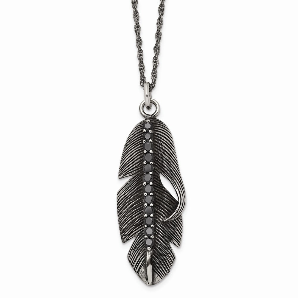 Stainless Steel Polished/Antiqued Feather With Black CZ Necklace; 20 inch; Lobster (Fancy) Clasp ...