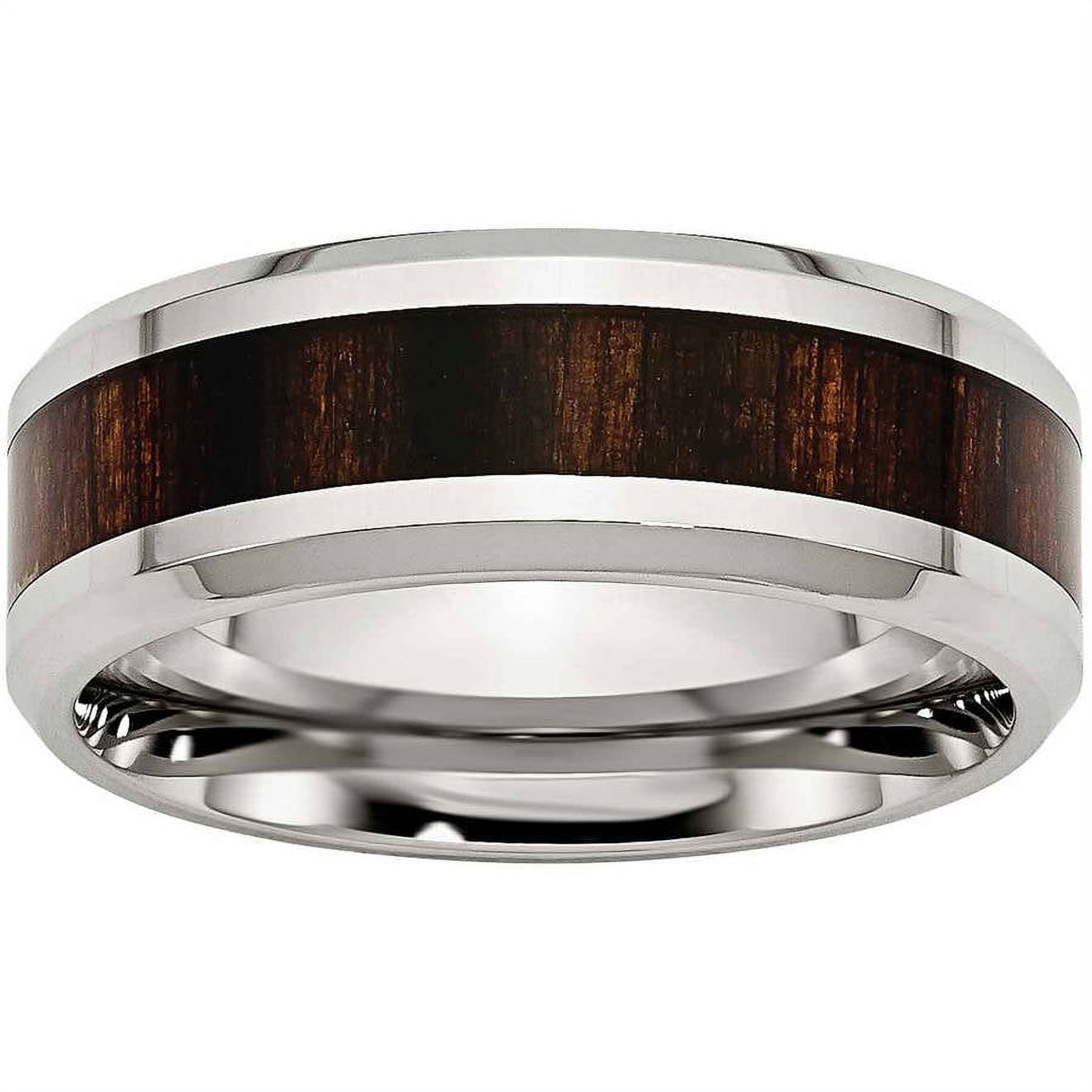 Stainless Steel Polished Black Wood Inlay Enameled 8.00mm Ring ...
