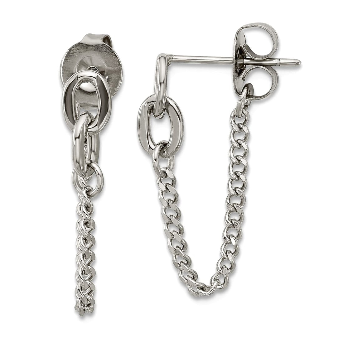 Stainless Steel Polished Chain Front and Back Post Long Drop Dangle ...
