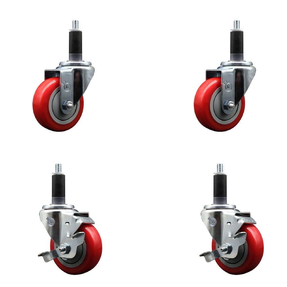 3.5 Inch SS Red Poly Wheel Swivel 1-1/8 Inch Expanding Stem Caster Set ...