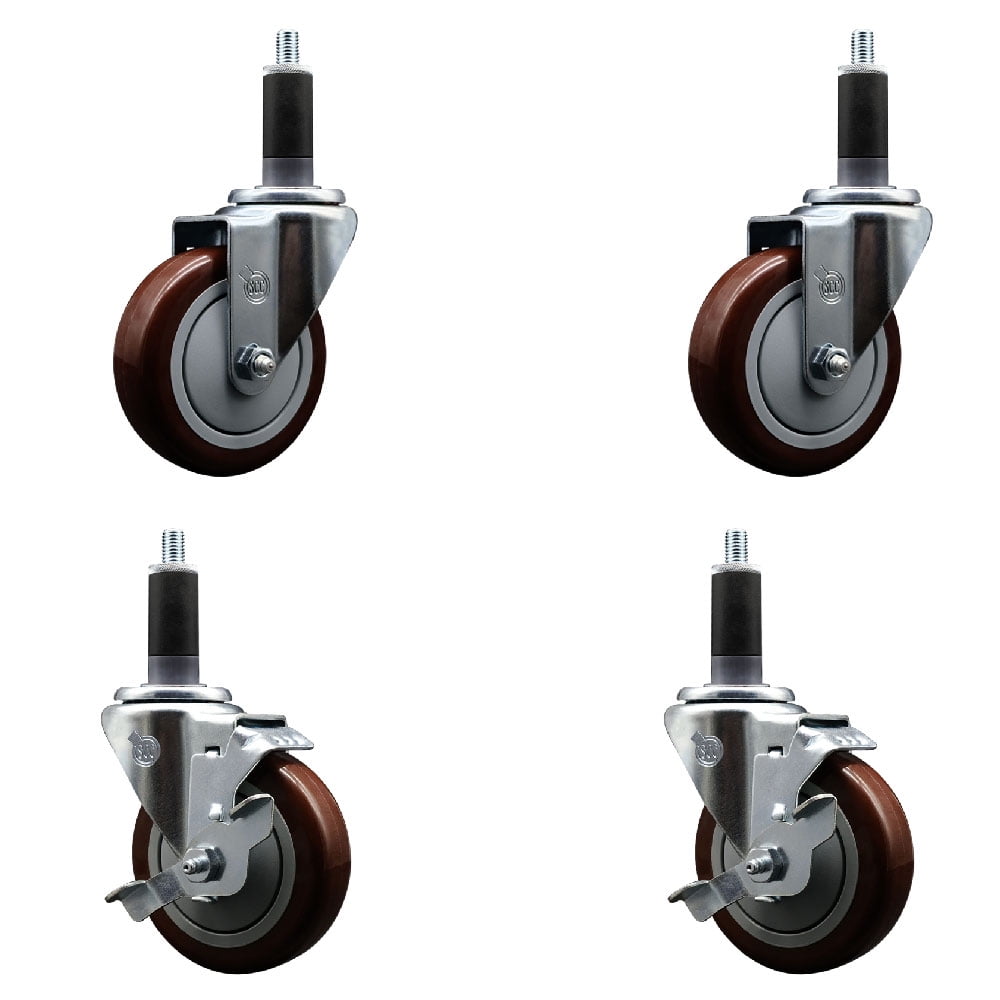 4 Inch SS Maroon Poly Wheel Swivel 1-1/8 Inch Expanding Stem Caster Set ...