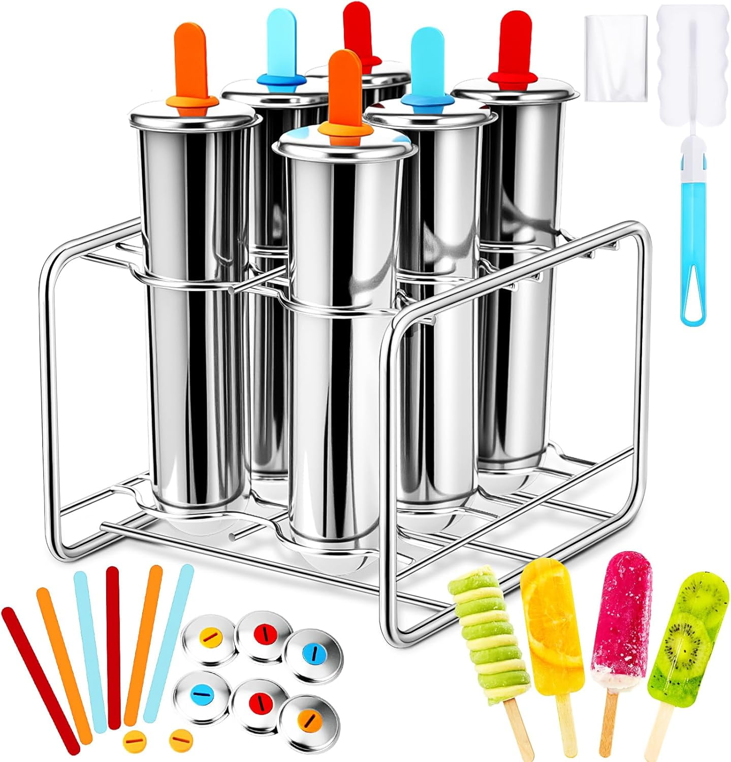 Stainless Steel Pop Molds, 6 Round Head Metal Pop Molds with Holder ...
