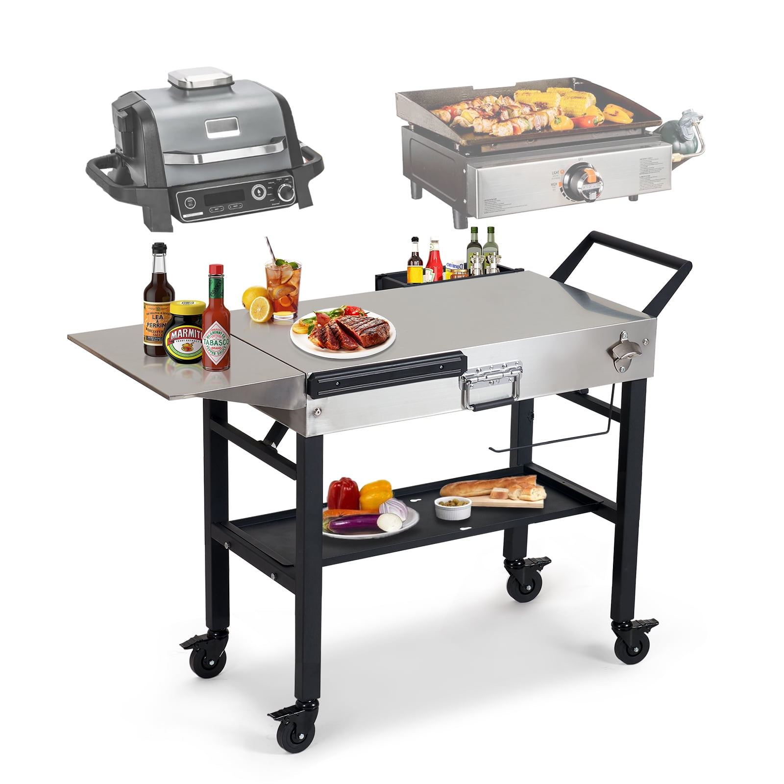 Stainless Steel Portable Outdoor Grill Cart,Foldable Griddle Table with ...
