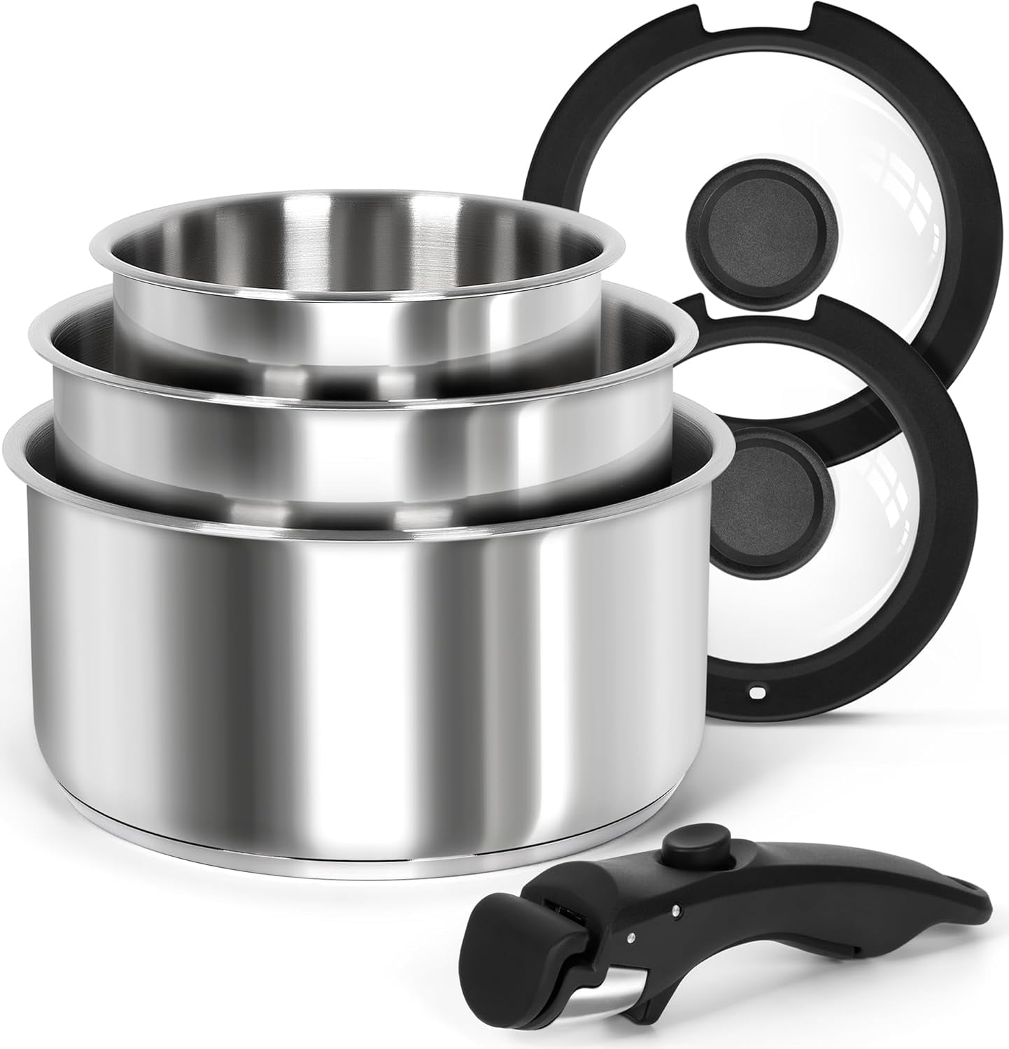 Stainless Steel Pot Set with Removable Handle, 6Pcs Stainless Steel ...
