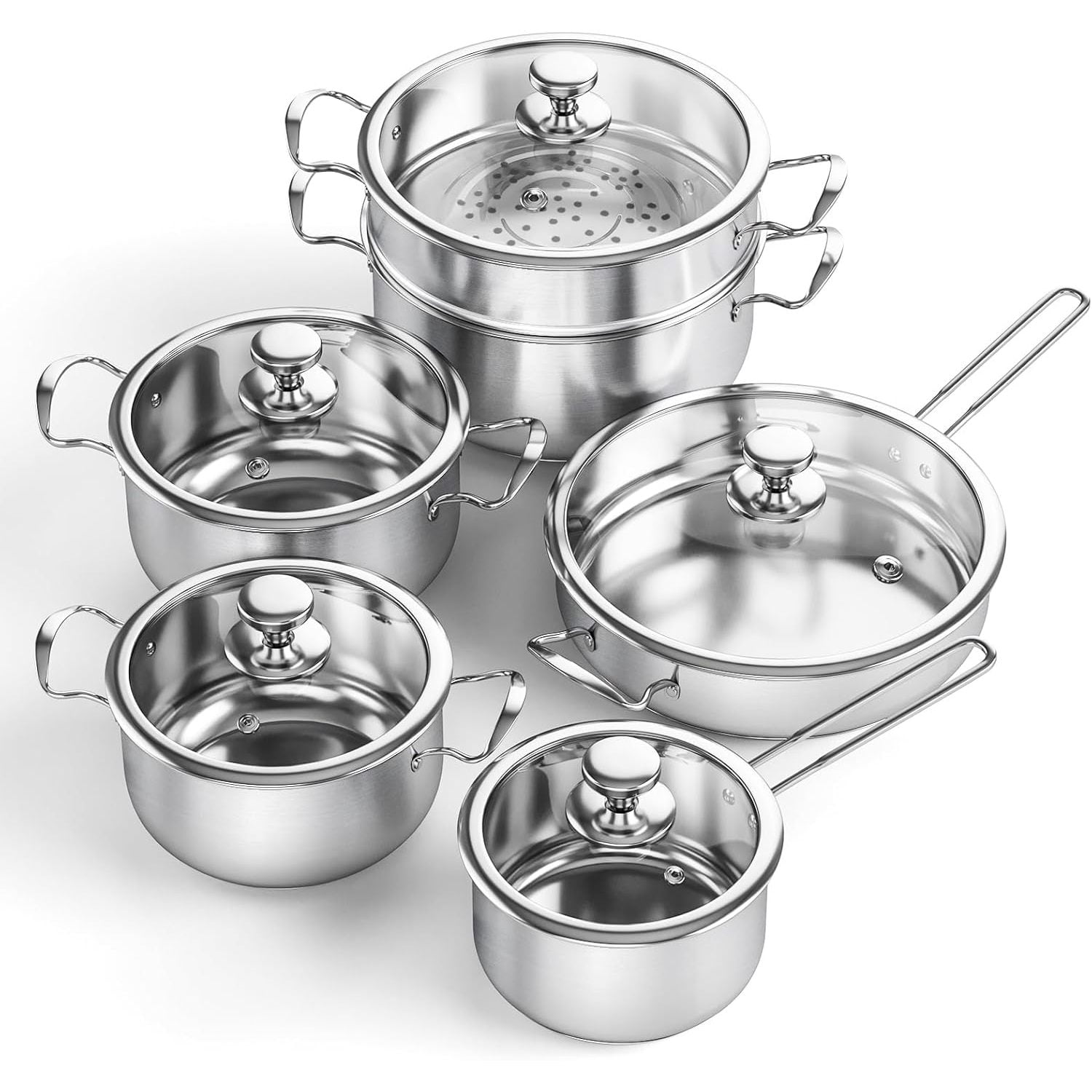 Stainless Steel Pots and Pans Set Non-Toxic, 11 Pieces Kitchen ...