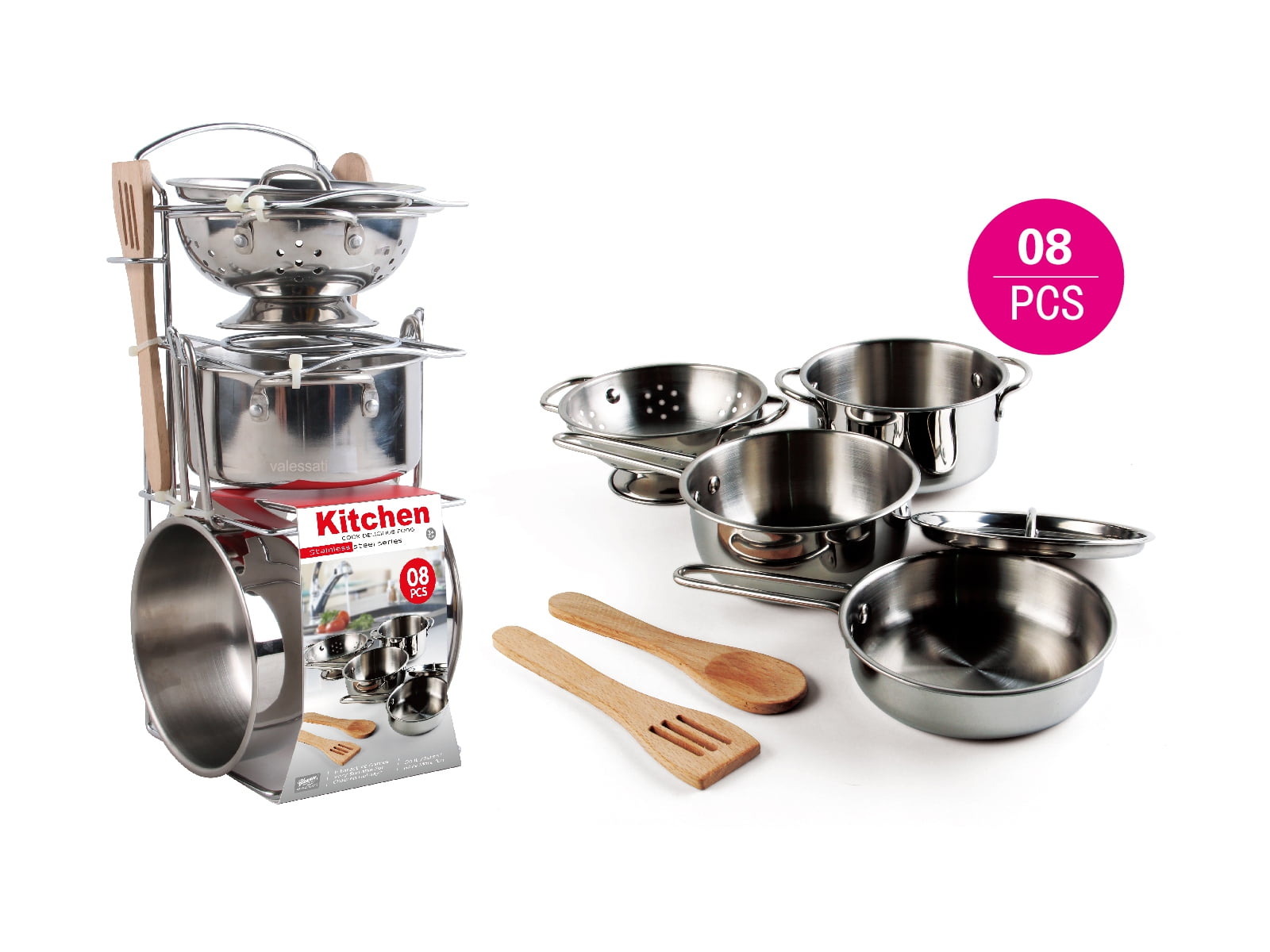 VALESSATI Stainless Steel Toy Kitchenware Set, 8 pcs Pretend Play for ...