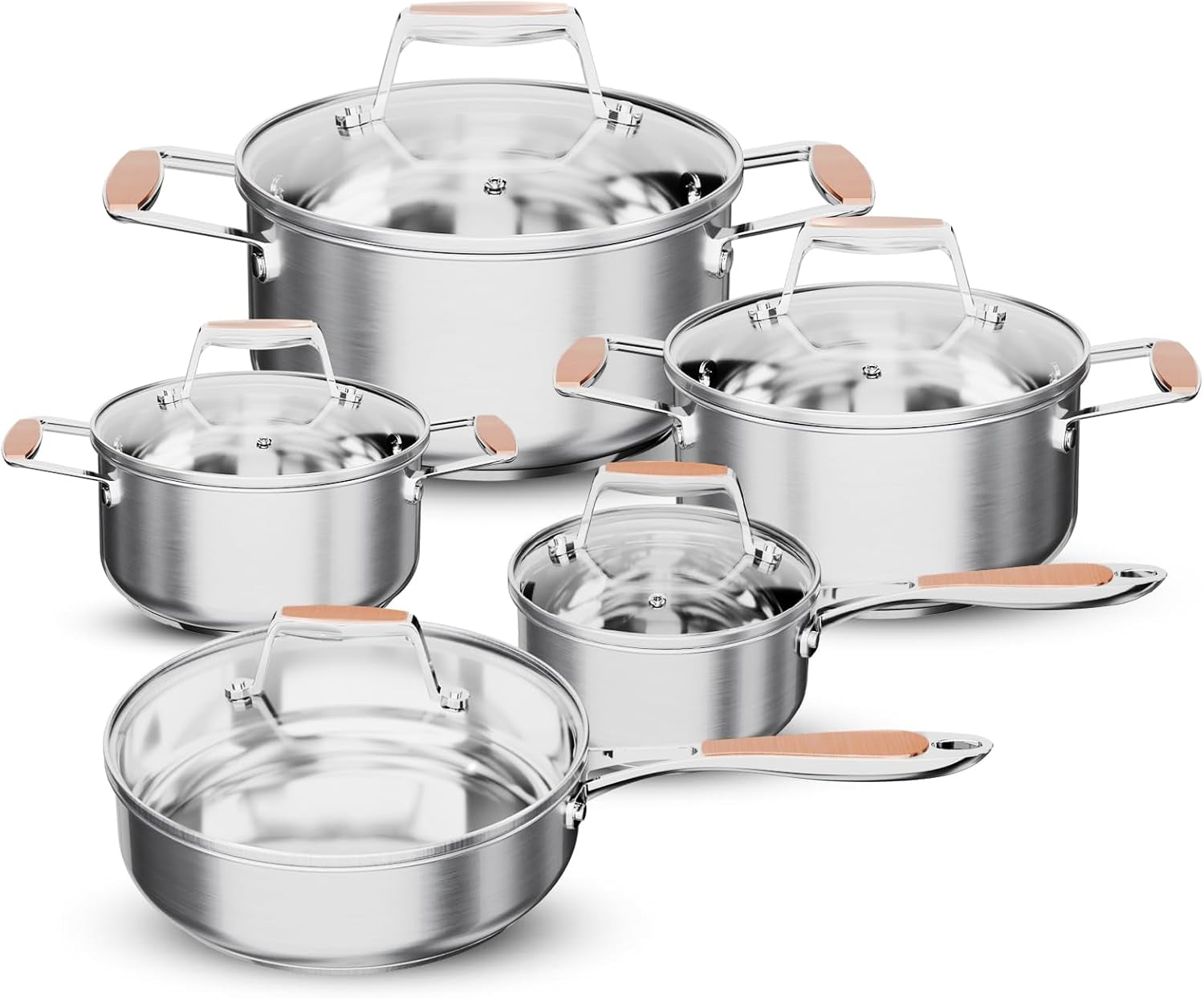 Stainless Steel Pots and Pans Set, 5-Ply Cookware Set 10-Piece, Non ...