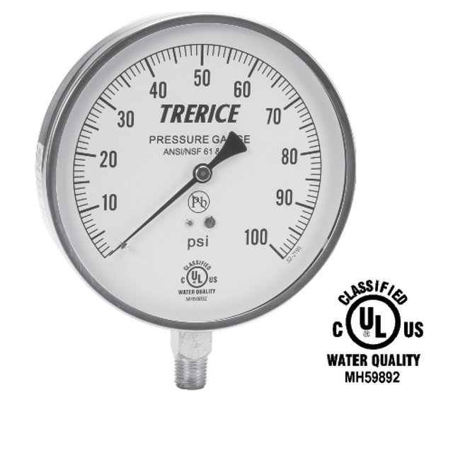 Stainless Steel Pressure Gauge, Lower Conn. 1/4" NPT 4.5"- Trerice (0 ...