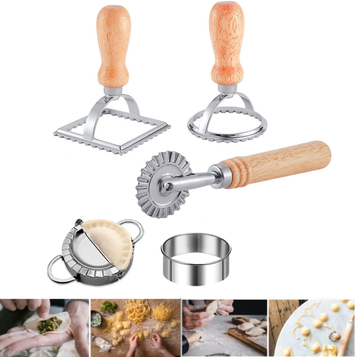 Stainless Steel Ravioli Cutters 5-Piece, Pasta Wheel Set with Wooden ...
