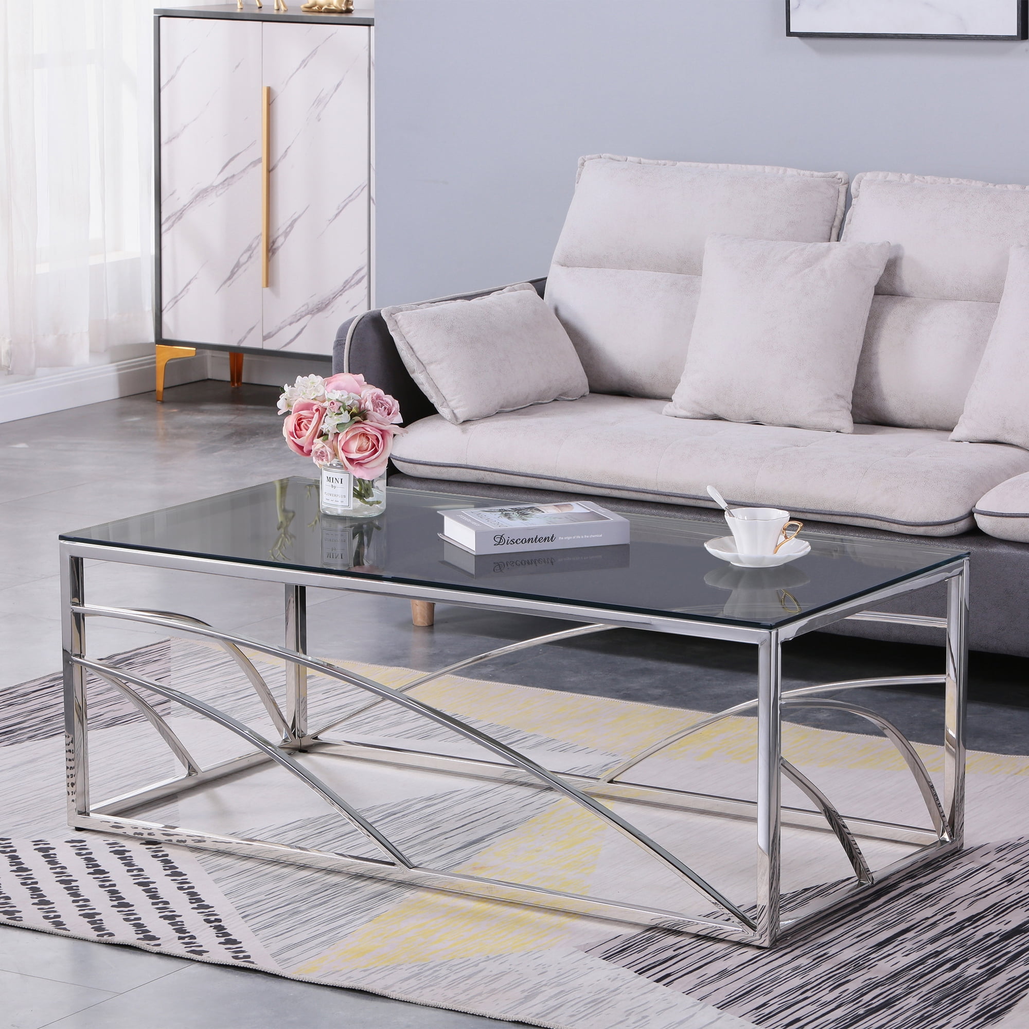 Stainless Steel Rectangular Accent Glass Coffee Table for Living Room ...