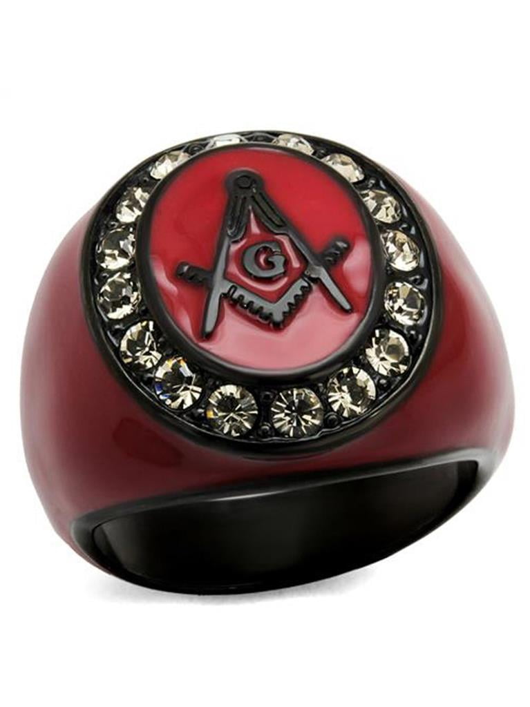 Stainless Steel Red and Black Ion Plated Crystal Masonic Freemason Ring ...