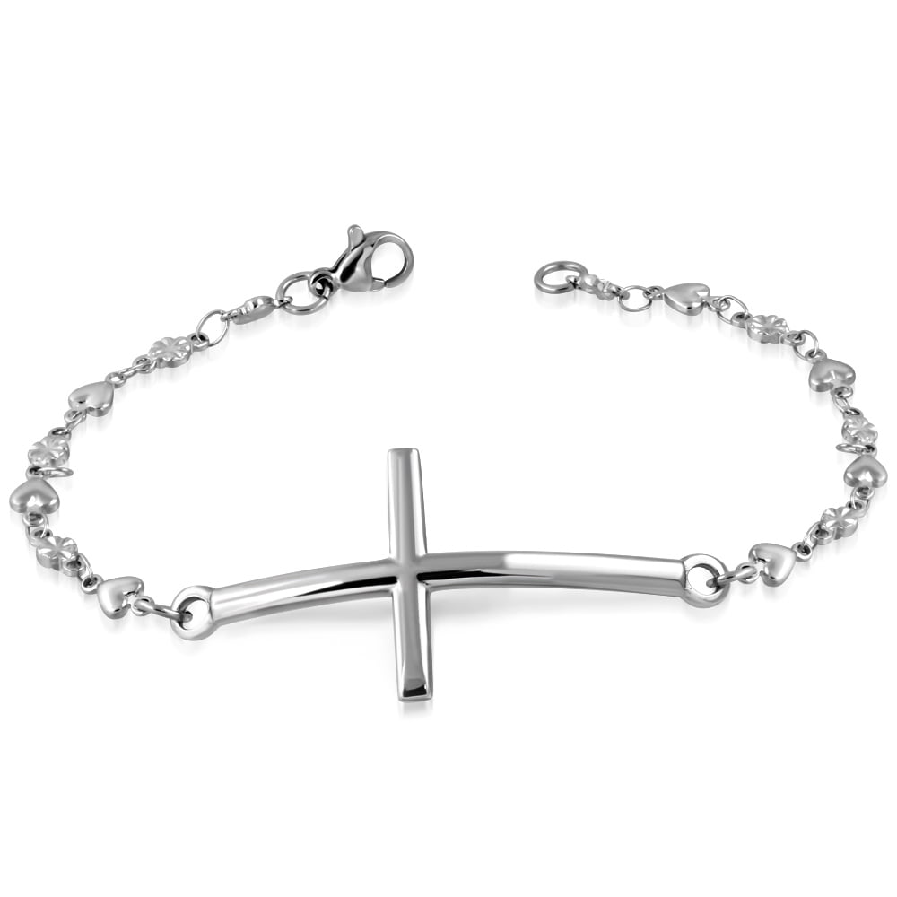 Stainless Steel Silver-Tone Latin Religious Cross Chain Bracelet, 8 ...