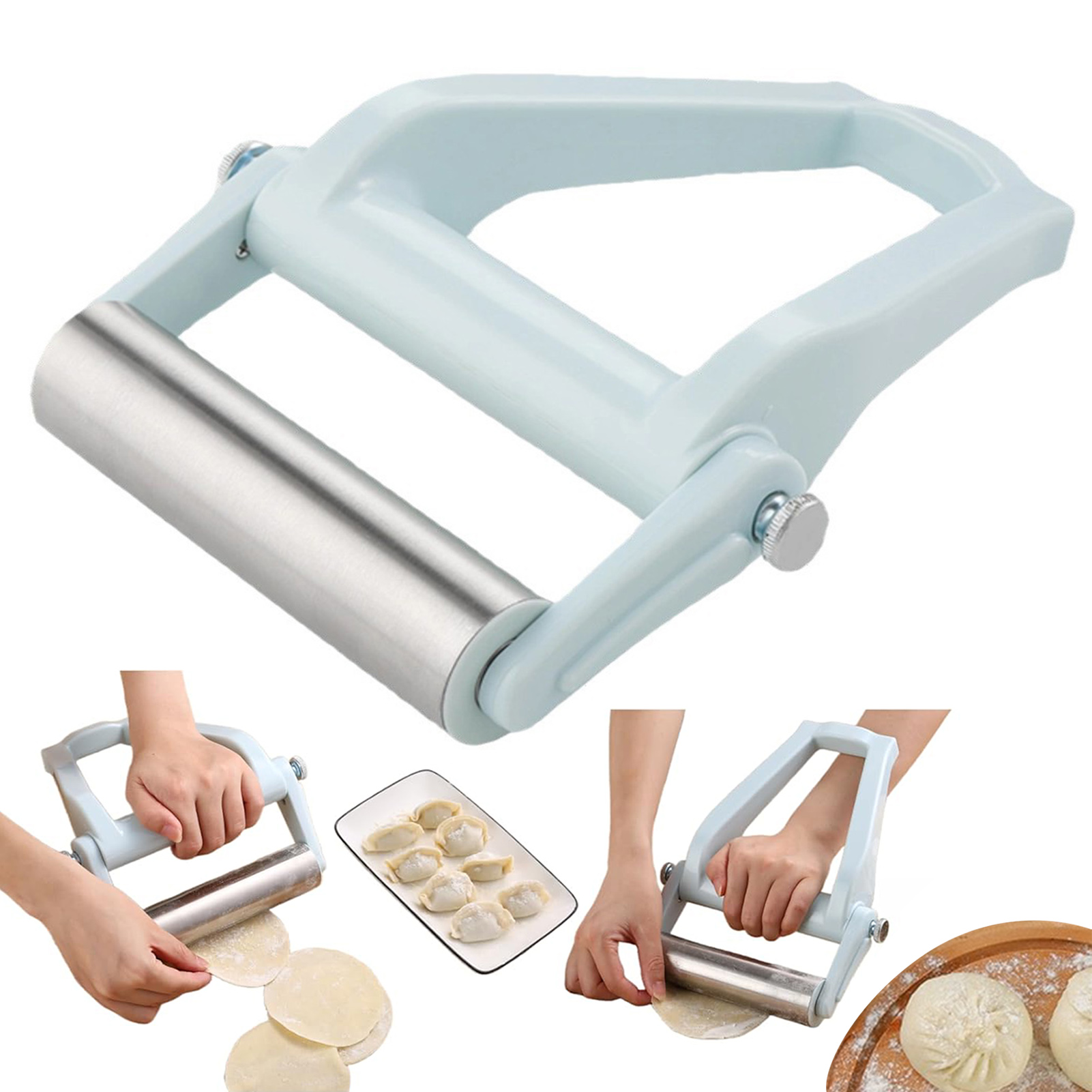 Stainless Steel Rolling Pin with Handle One-Handed Adjustable Dough ...