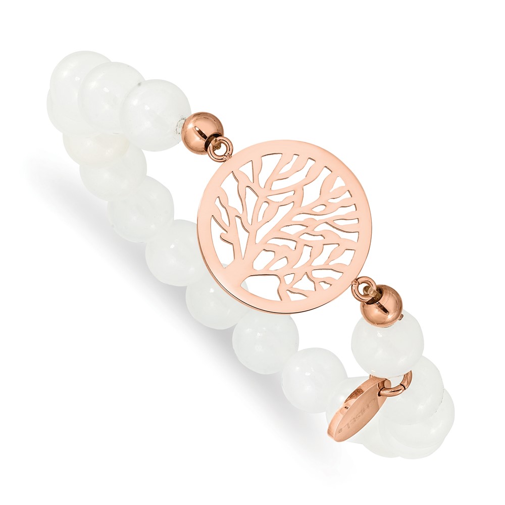 Stainless Steel Rose Ion Plated Tree White Jade Stretch Bracelet Fine ...