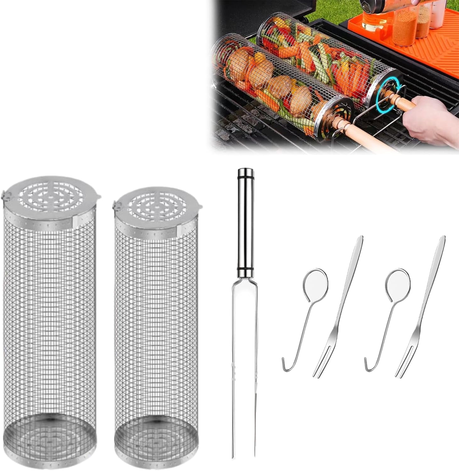 Stainless Steel Rotating Grill Basket, Chicken Wing Basket Automatic ...