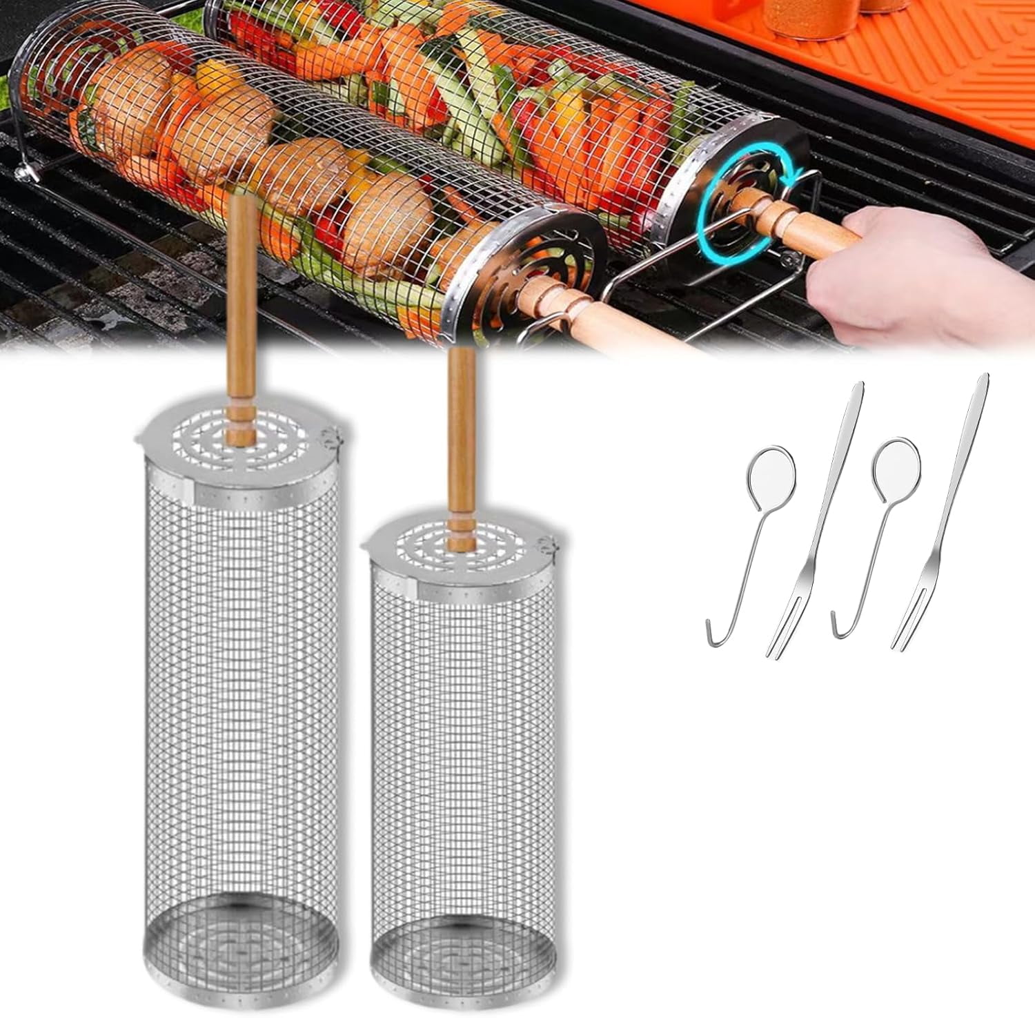 Stainless Steel Rotating Grill Basket, Chicken Wing Basket Automatic ...