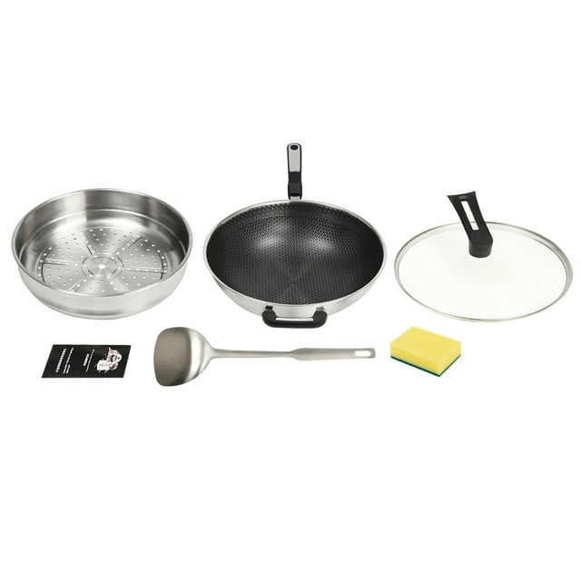 Round Nonstick Cooking Honeycomb Wok Pan with Lid Stainless Steel ...