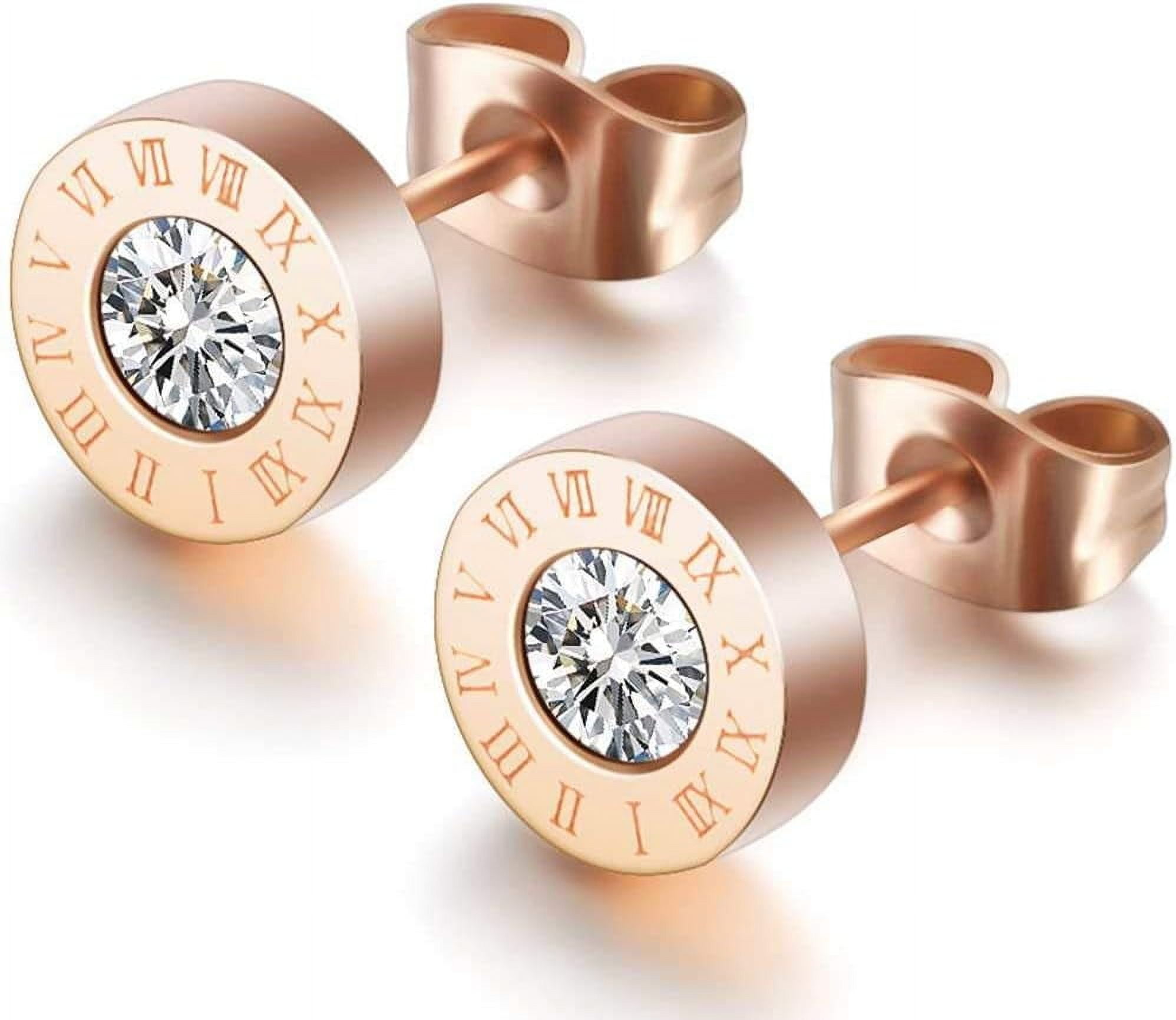 Stainless Steel Round Shape Cubic Zircon Roman Numbers Stud Earrings ...