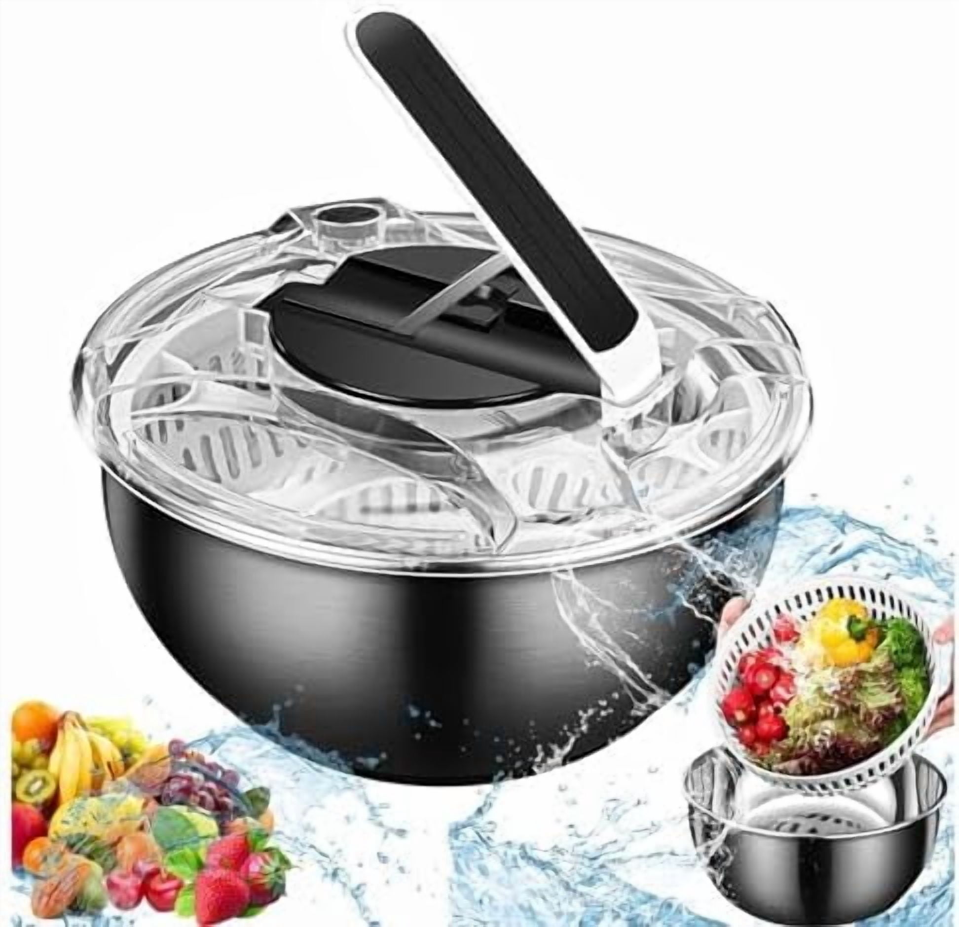 Stainless Steel Salad Spinner, 3.5L_Press Type Lettuce Washer Dryer ...