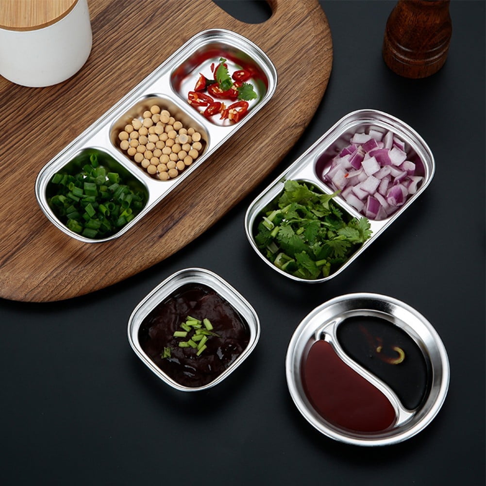 Stainless Steel Sauce Dish Spice Dipping Tray Divided Plates For Bbq ...