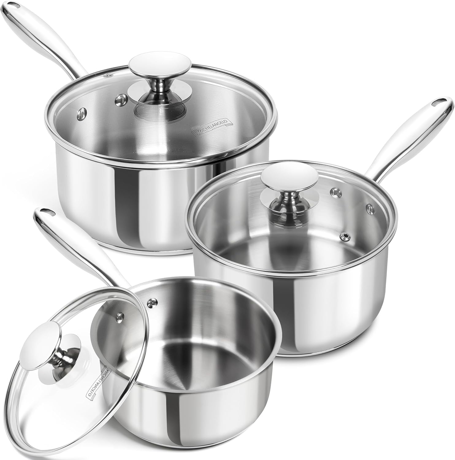 Stainless Steel Sauce Pan Set - 1, 2, 3 Qt Saucepans with Lids, Small ...