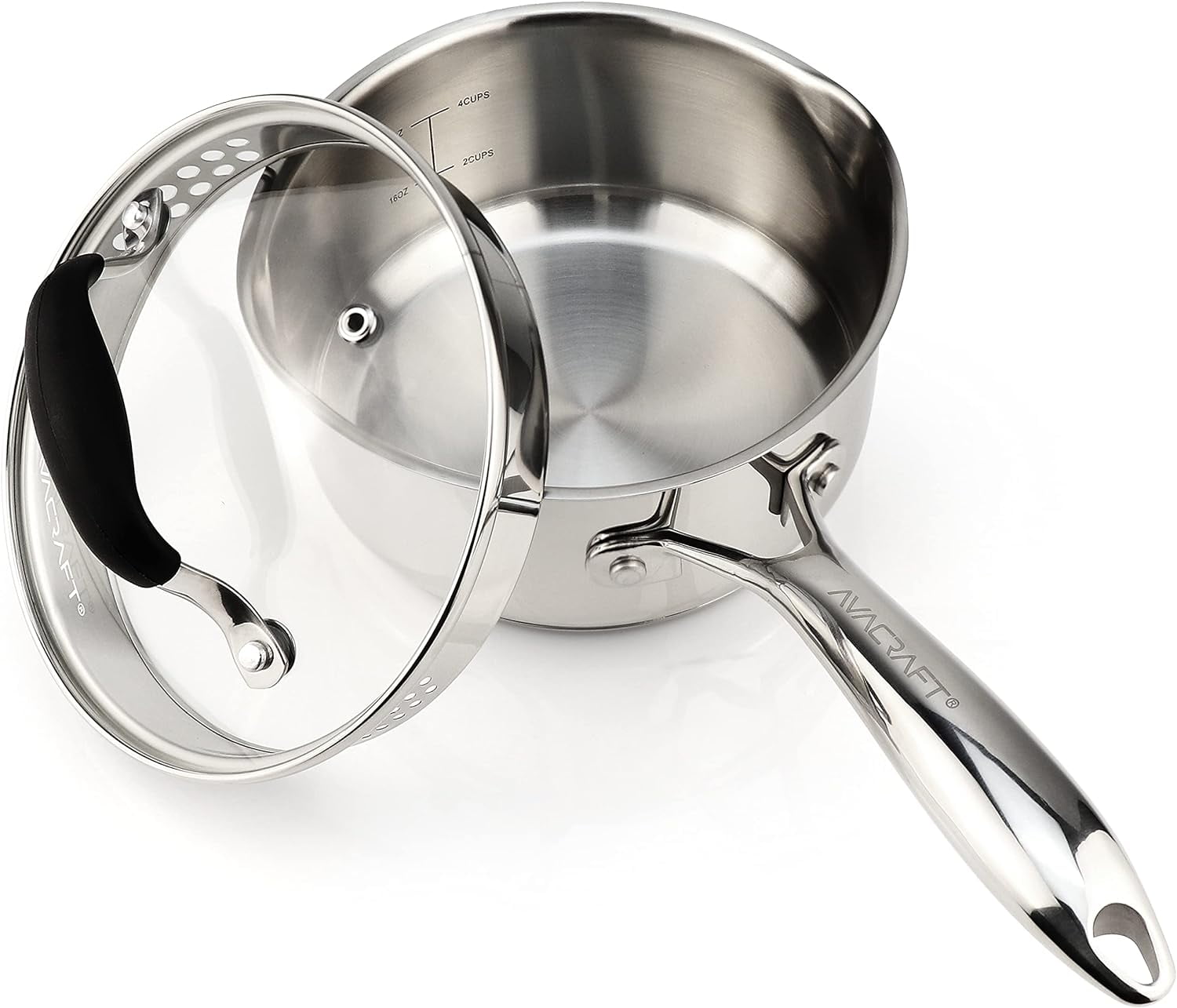 Stainless Steel Saucepan with Glass Lid, Strainer Lid, Two Side Spouts ...