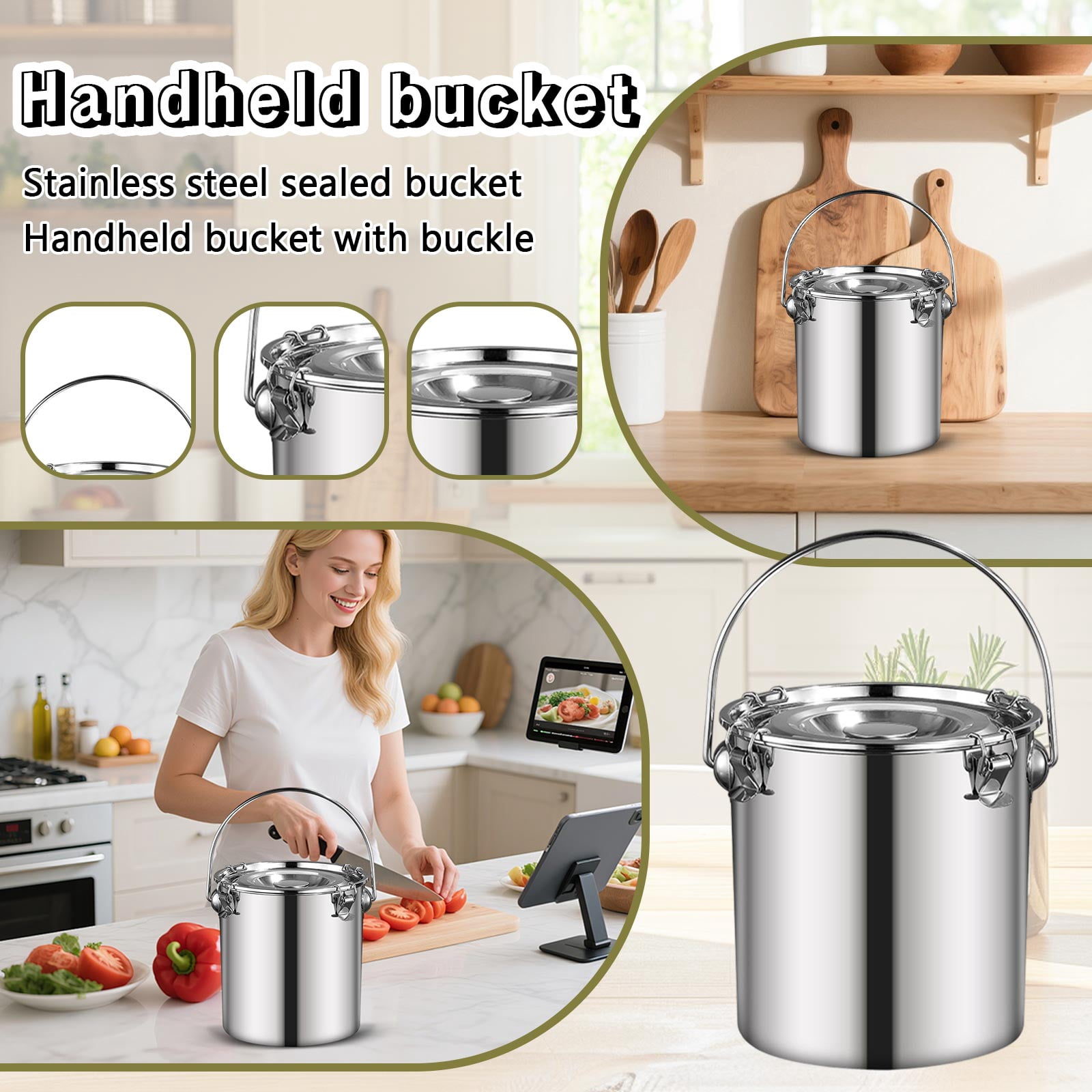 Stainless Steel Sealed Bucket with Buckle and Handle, Food Storage ...