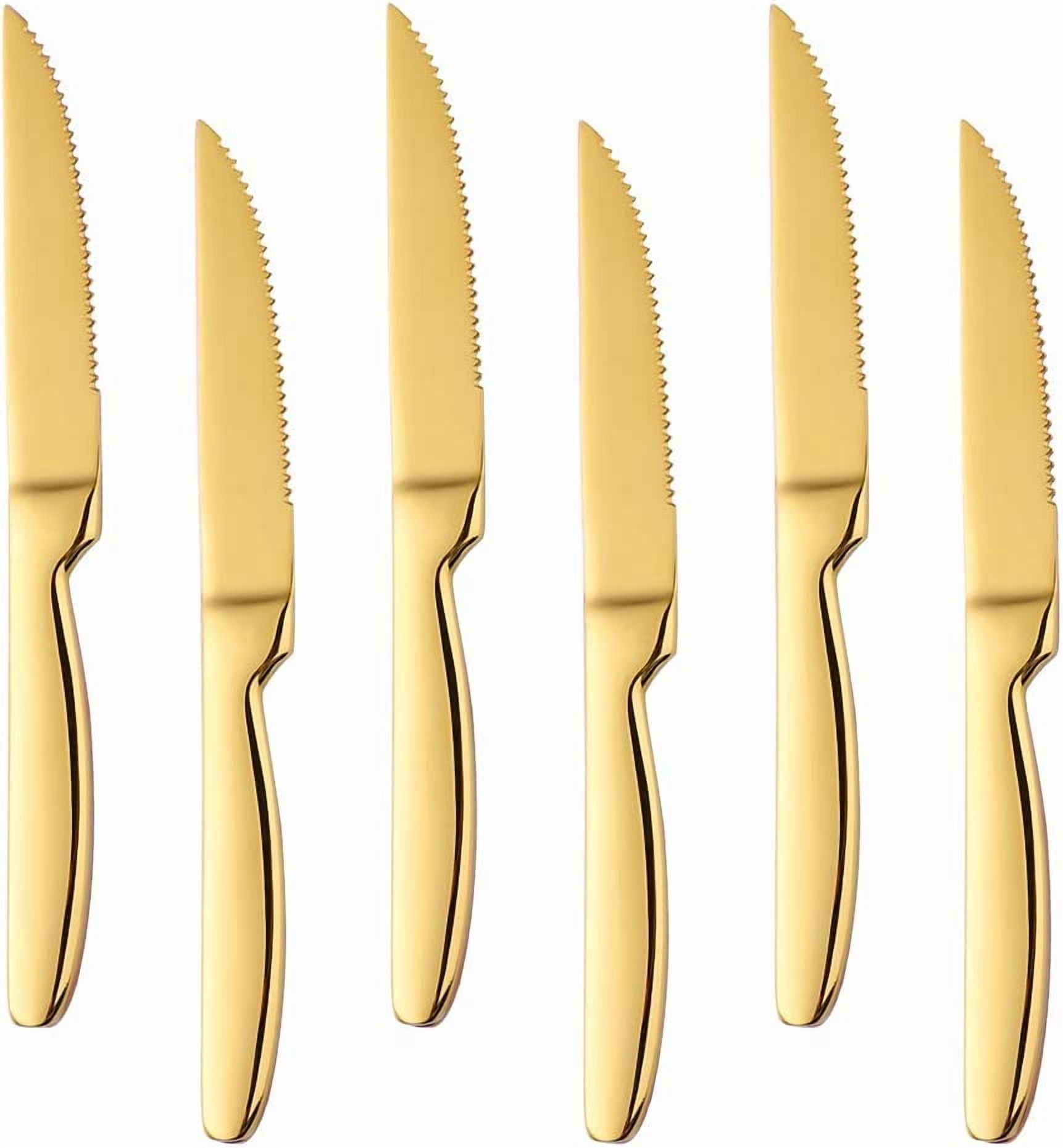 Stainless Steel Serrated Steak Knife Set of 6, BuyGo Gold Color Heavy ...