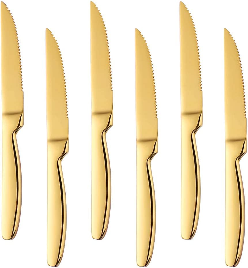 Stainless Steel Serrated Steak Knife Set of 6, BuyGo Gold Color Heavy ...