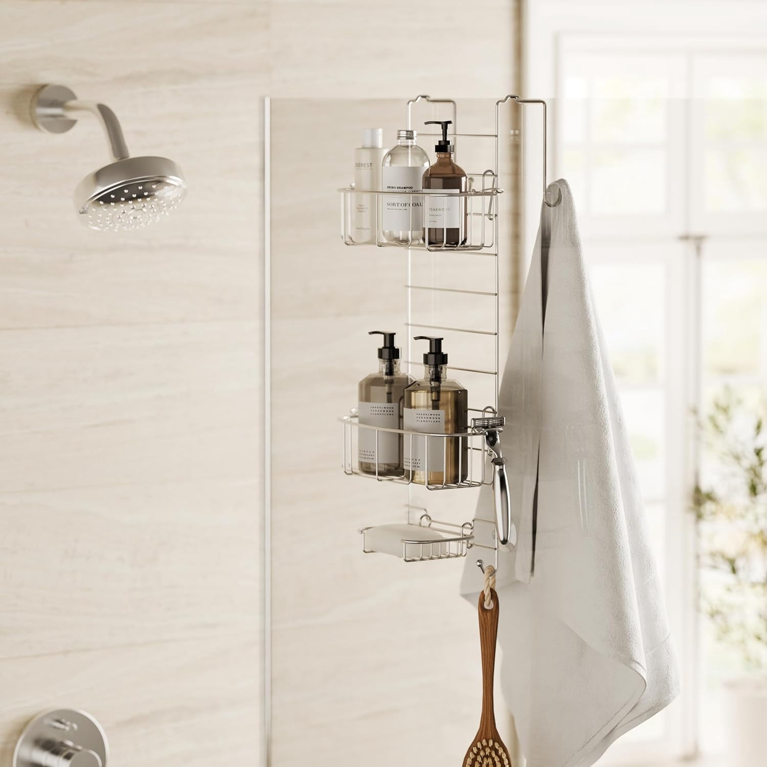 Stainless Steel Shower Caddy Hanging Over Door Organizer with 2 Shelves ...