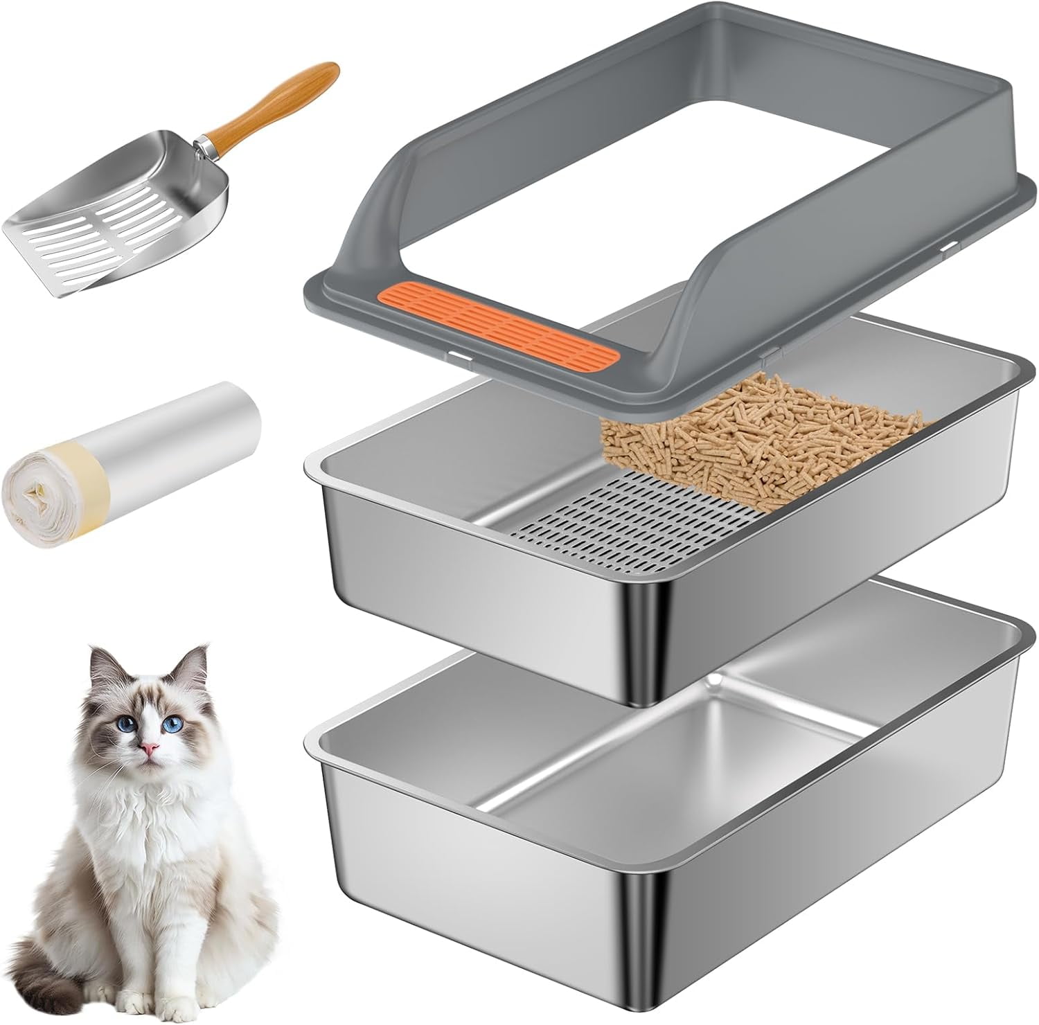 Stainless Steel Sifting Litter Box with Lid, Medium Sifting Cat Litter ...