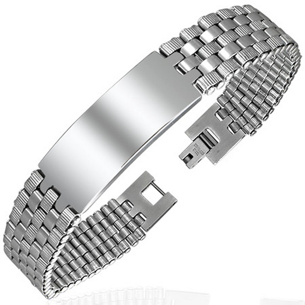 Stainless Steel Silver-Tone Name Tag Mesh Link Chain Bracelet - Walmart.com